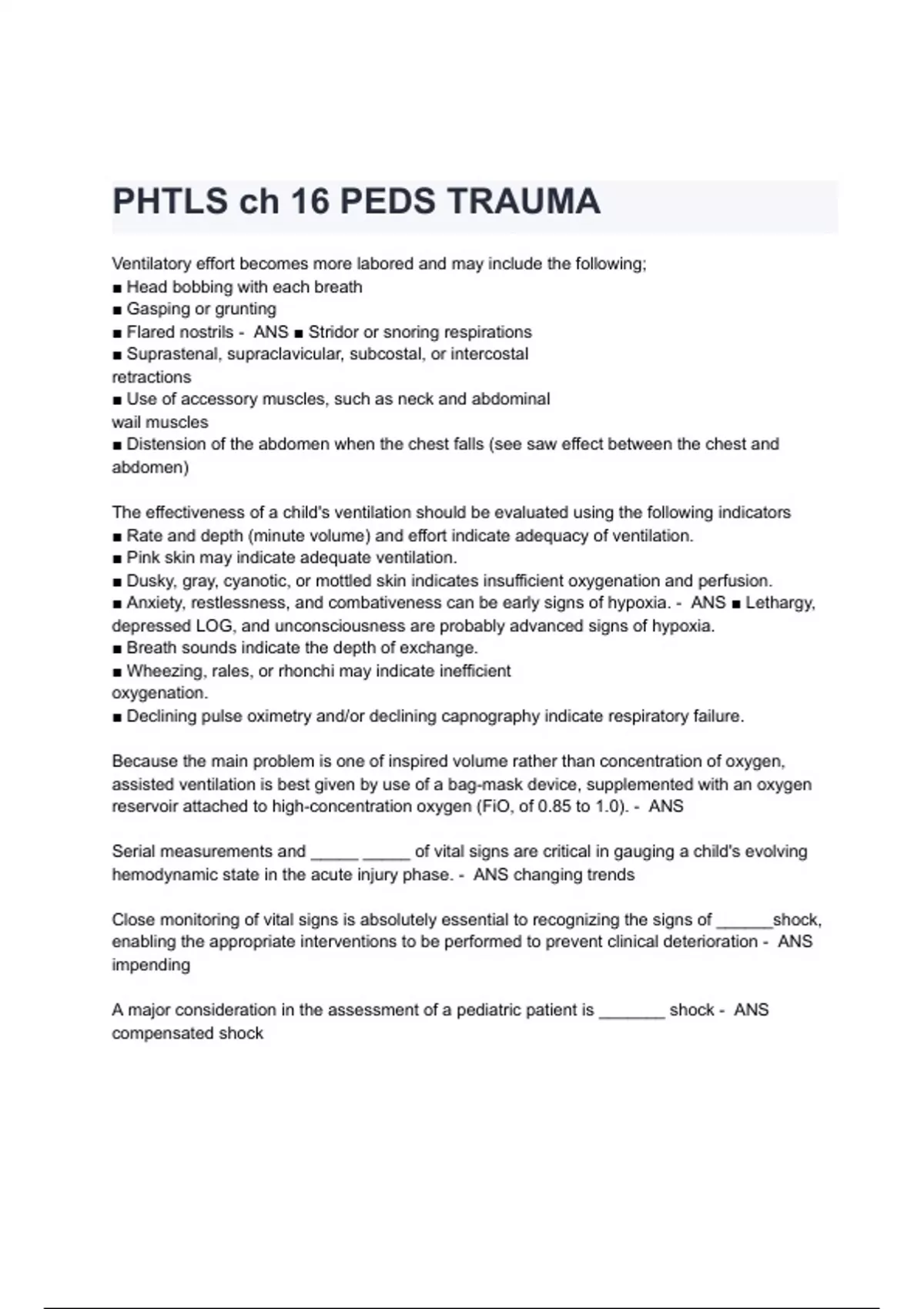 PHTLS CH 16 PEDS TRAUMA EXAM QUESTIONS AND ANSWERS 2024/2025( A+ GRADED ...