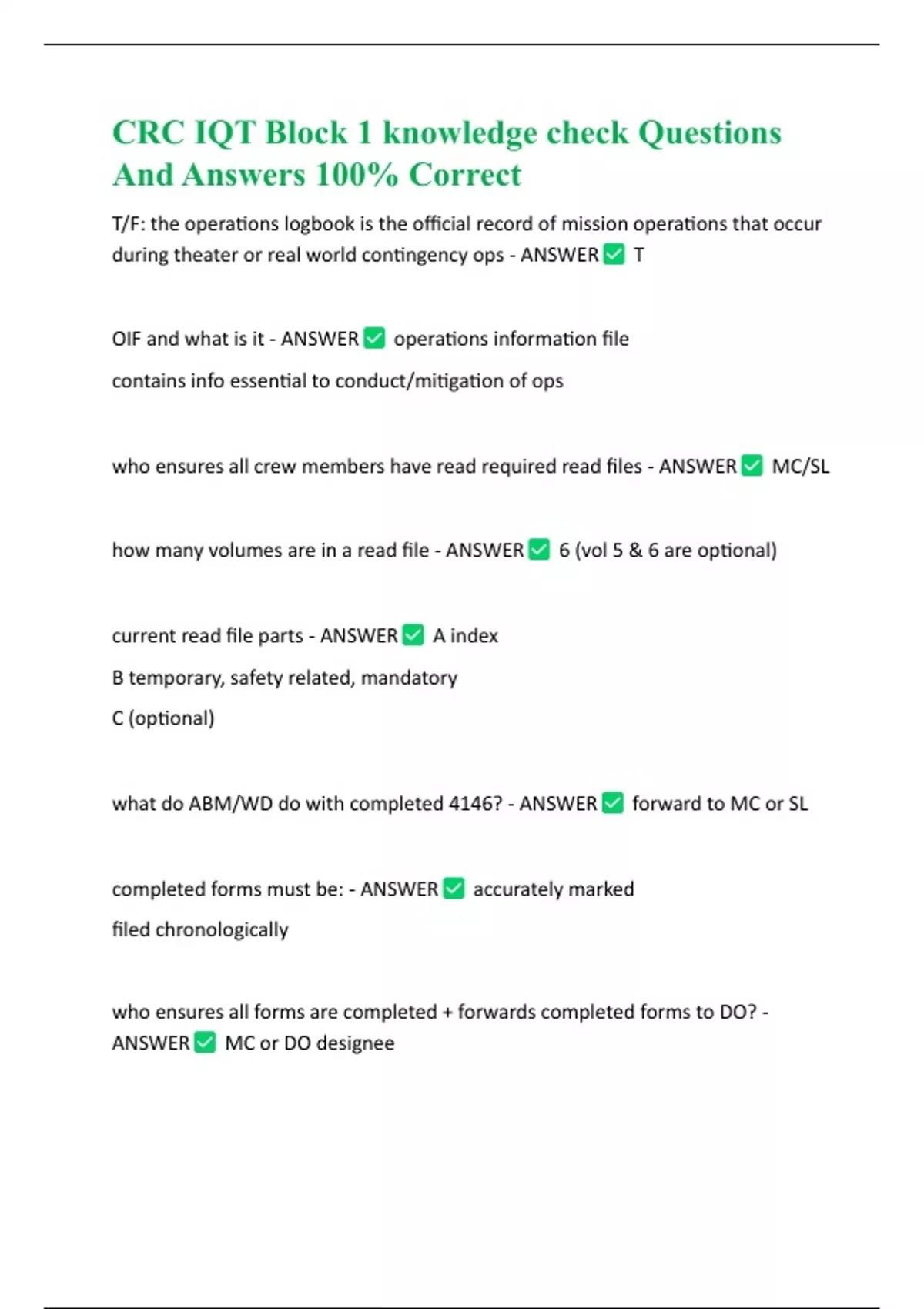 CRC IQT Block 1 knowledge check Questions And Answers 100% Correct ...