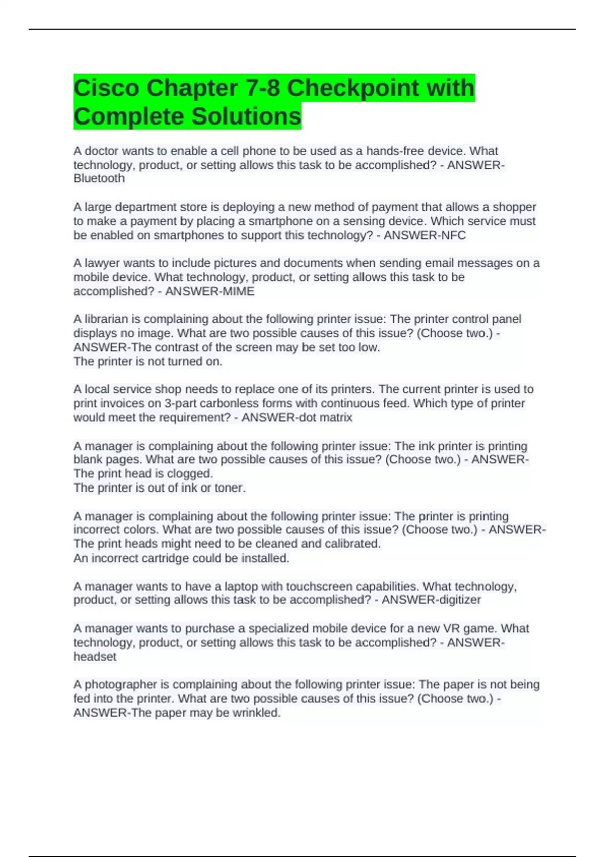 Cisco Chapter 7-8 Checkpoint with Complete Solutions - Cisco - Stuvia US