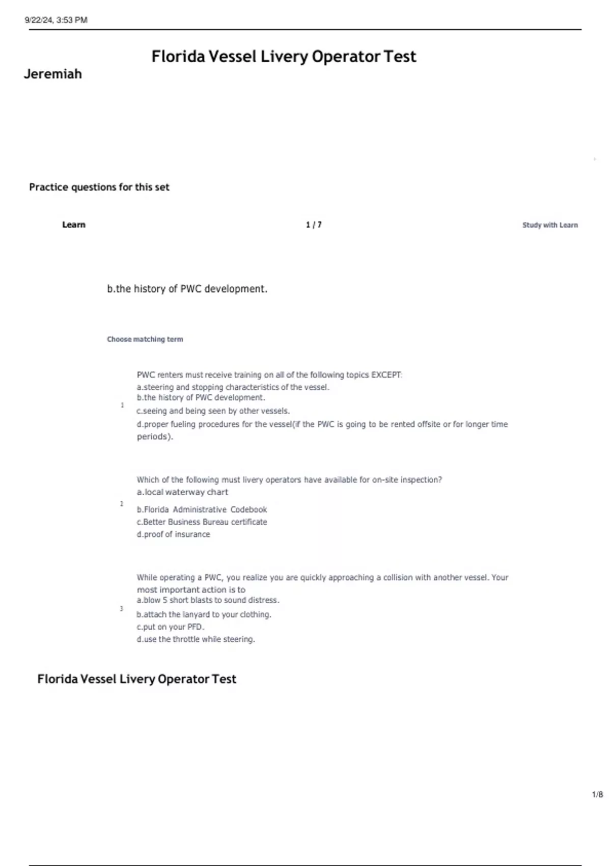 Florida Vessel Livery Operator Test WITH COMPLETE SOLUTIONS 100 ...