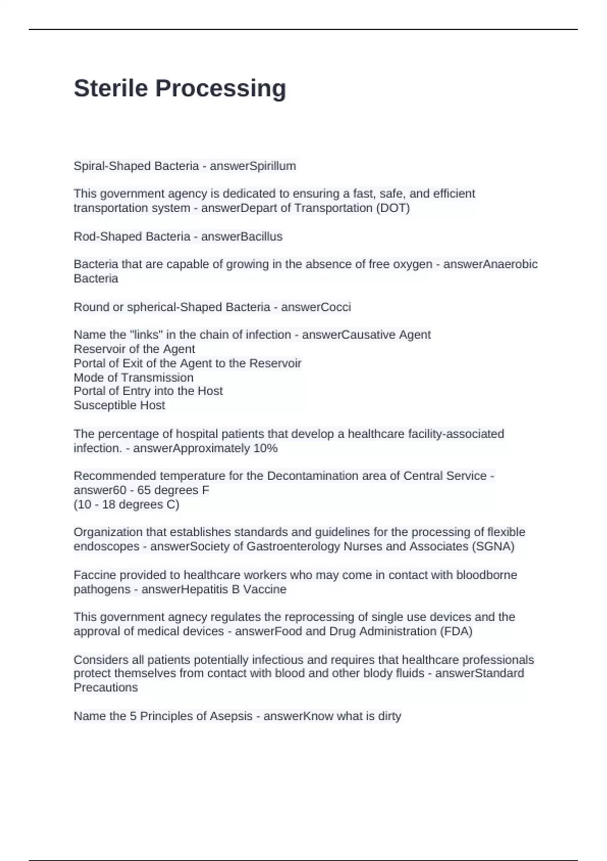 Sterile Processing Questions with Solutions 2024 - Sterile processing ...