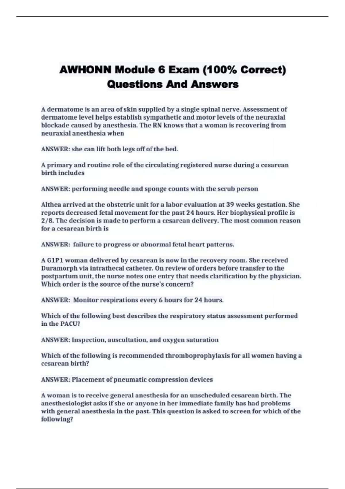 AWHONN Module 6 Exam (100% Correct) Questions And Answers - POEP AWHONN ...
