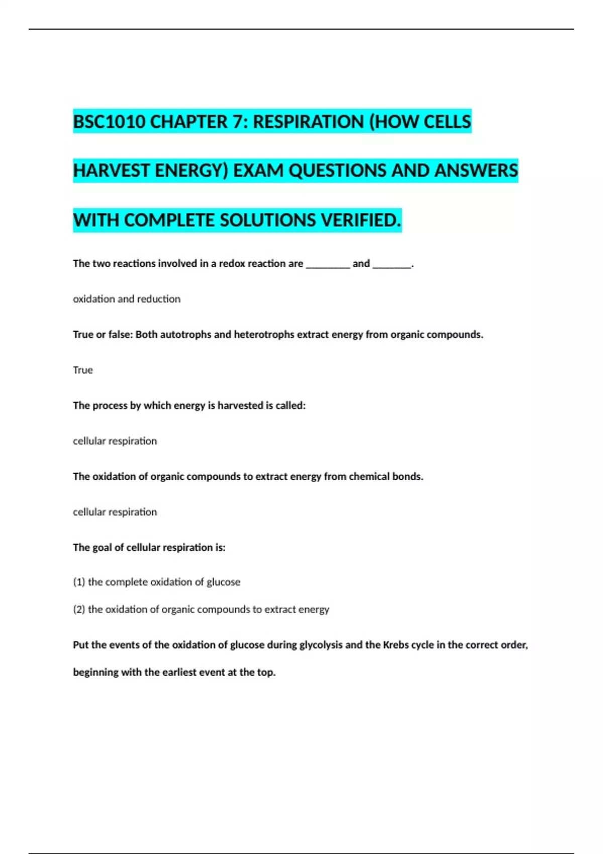BSC1010 CHAPTER 7: RESPIRATION (HOW CELLS HARVEST ENERGY) EXAM ...