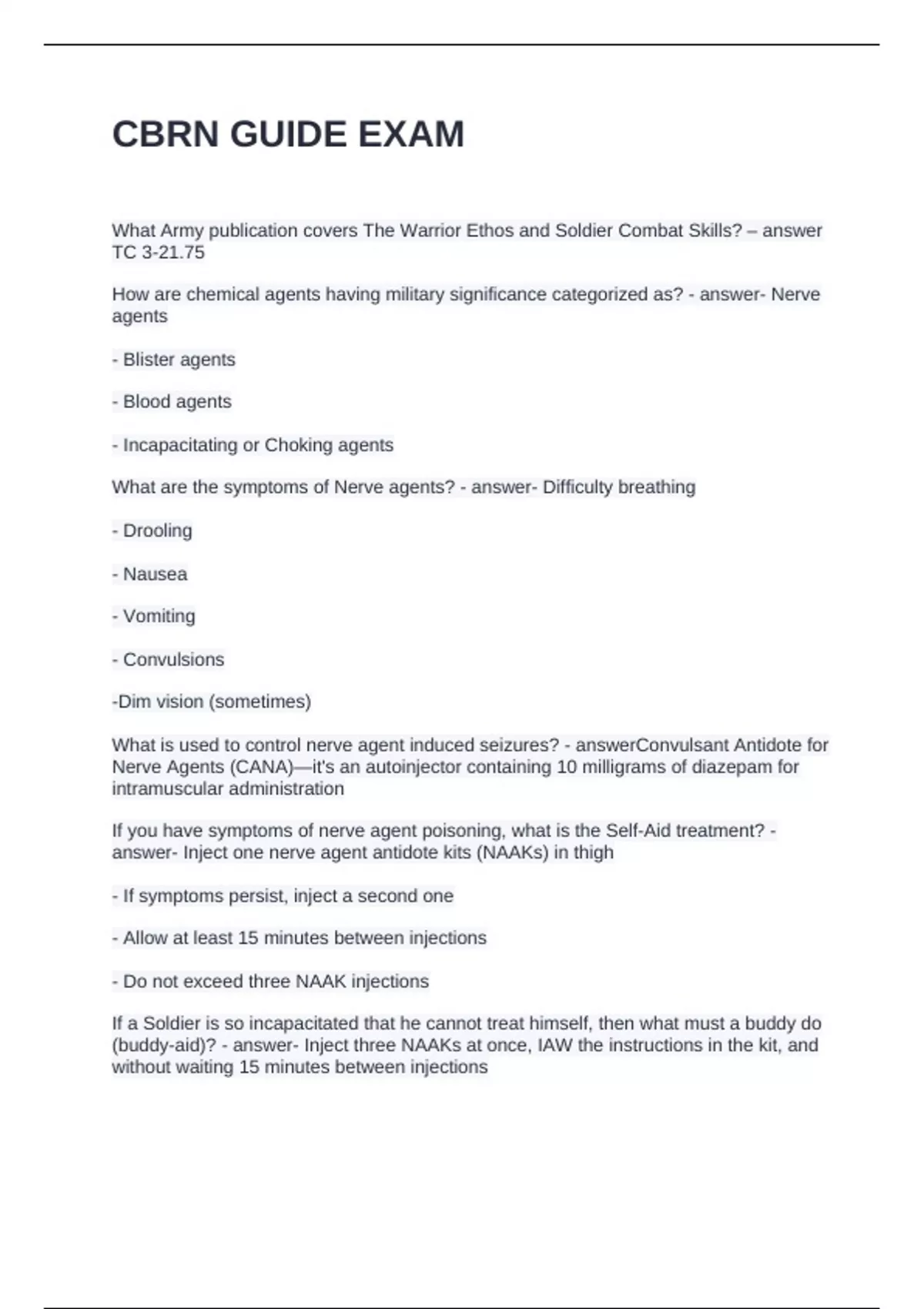 CBRN GUIDE EXAM QUESTIONS AND ANSWERS 2024 - Cbrn - Stuvia US