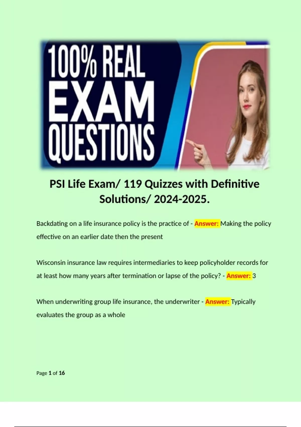 PSI Life Exam/ 119 Quizzes with Definitive Solutions/ . - PSI LIFE ...