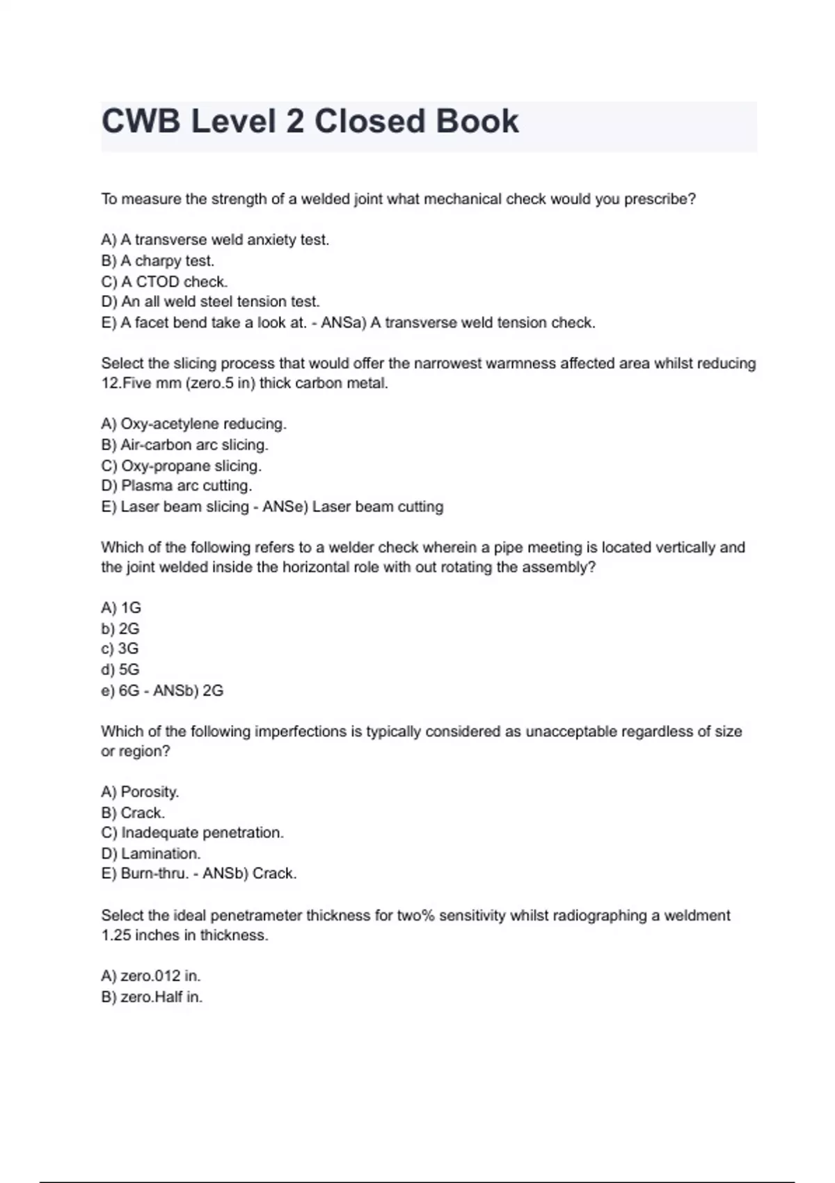CWB Level 2 Closed Book QUESTIONS AND ANSWERS RATED A+ 2024/2025 - CWB ...