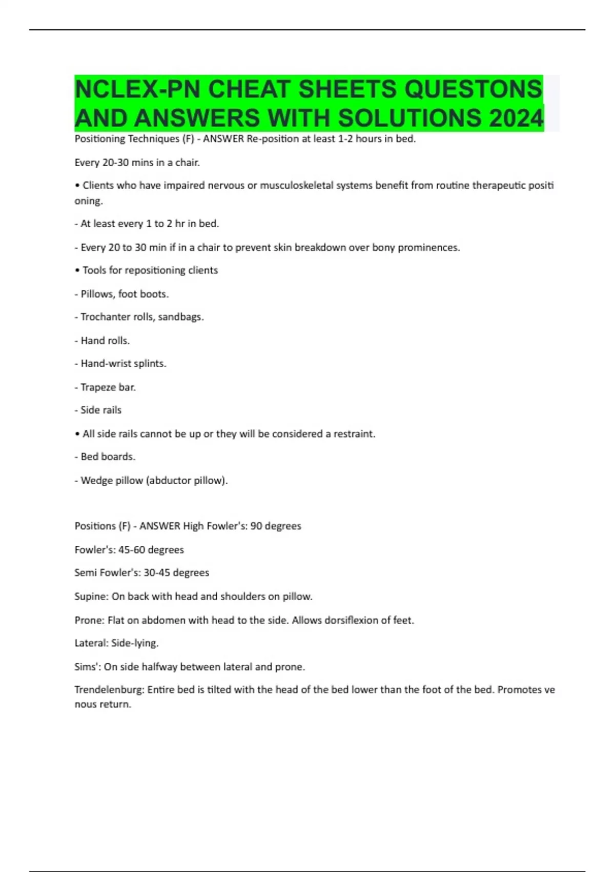 NCLEX-PN CHEAT SHEETS QUESTONS AND ANSWERS WITH SOLUTIONS 2024 - Nclex ...