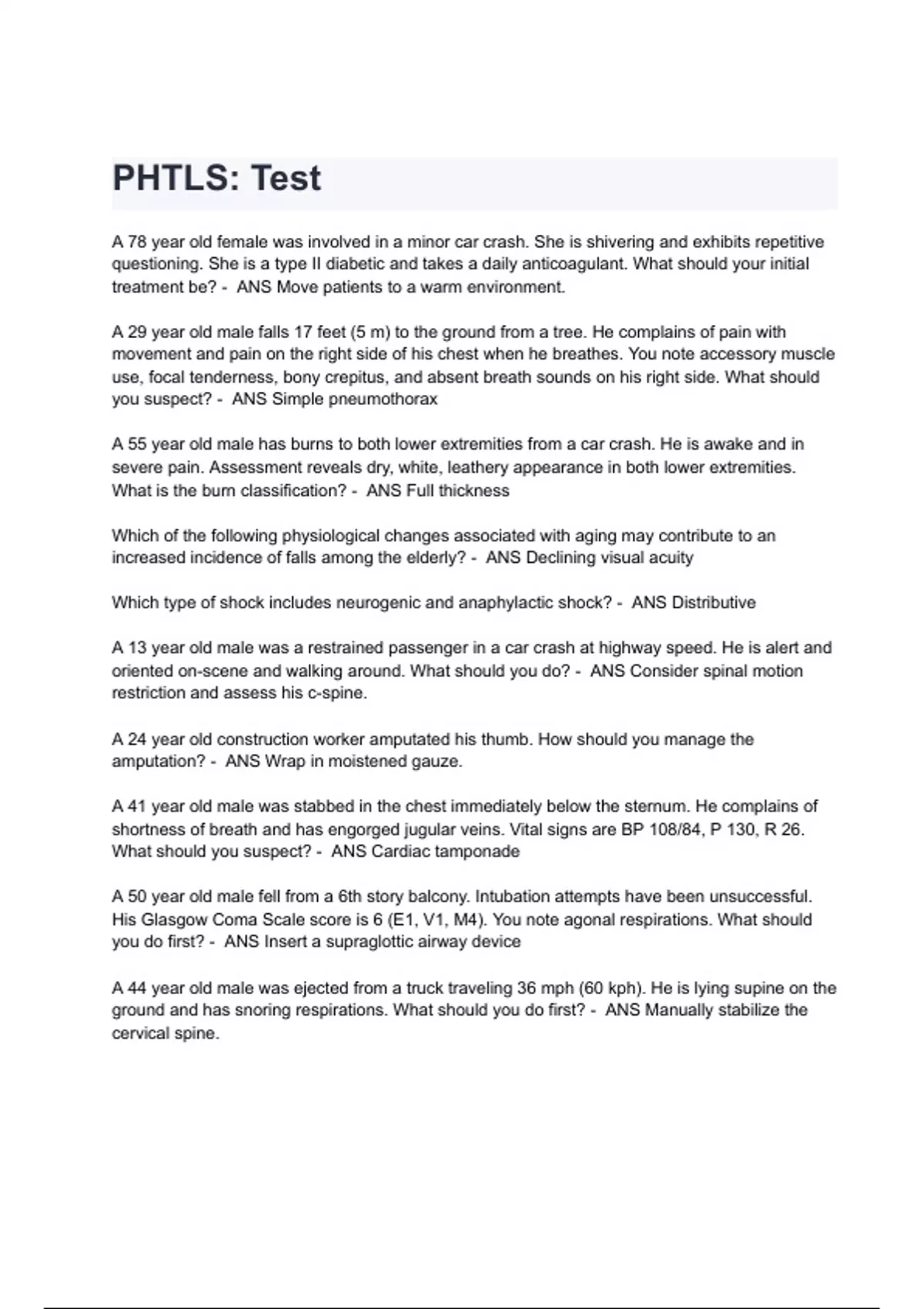 PHTLS: Test Questions with correct Answers 2024/2025( A+ GRADED 100% ...