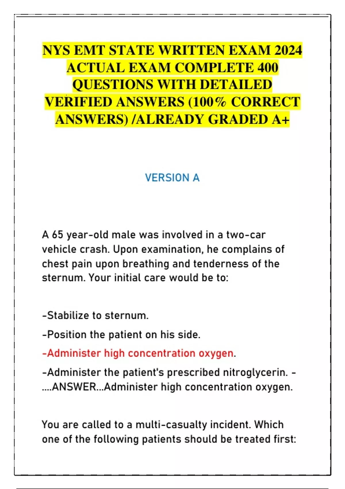 NYS EMT STATE WRITTEN EXAM 2024 ACTUAL EXAM COMPLETE 400 QUESTIONS WITH ...