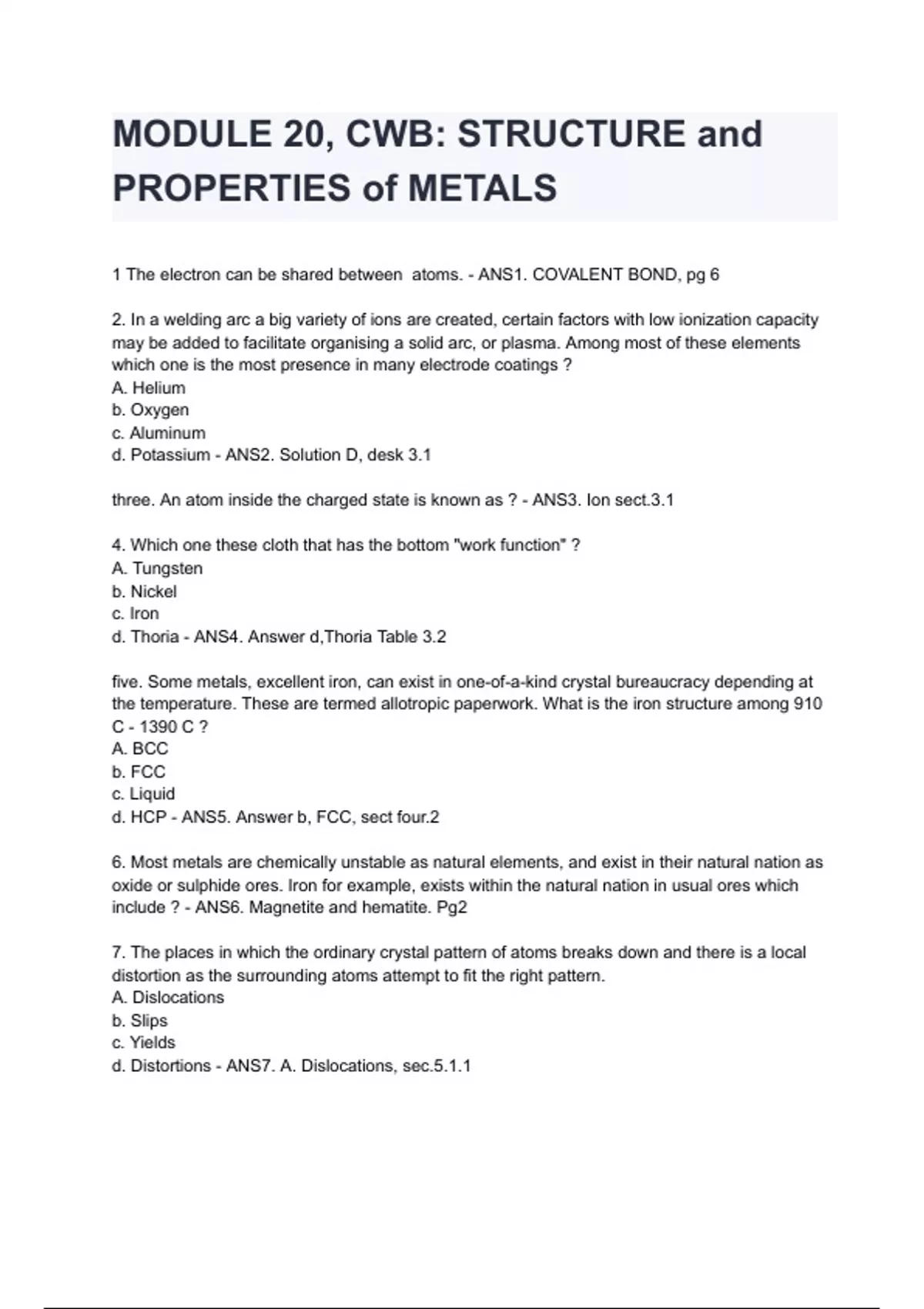 MODULE 20, CWB: STRUCTURE and PROPERTIES of METALS QUESTIONS AND ANSWERS RATED A+ 2024/2025 ...