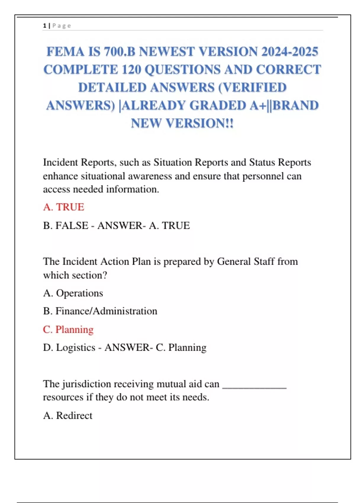 FEMA IS 700.B NEWEST VERSION COMPLETE 120 QUESTIONS AND CORRECT DETAILED ANSWERS (VERIFIED ...