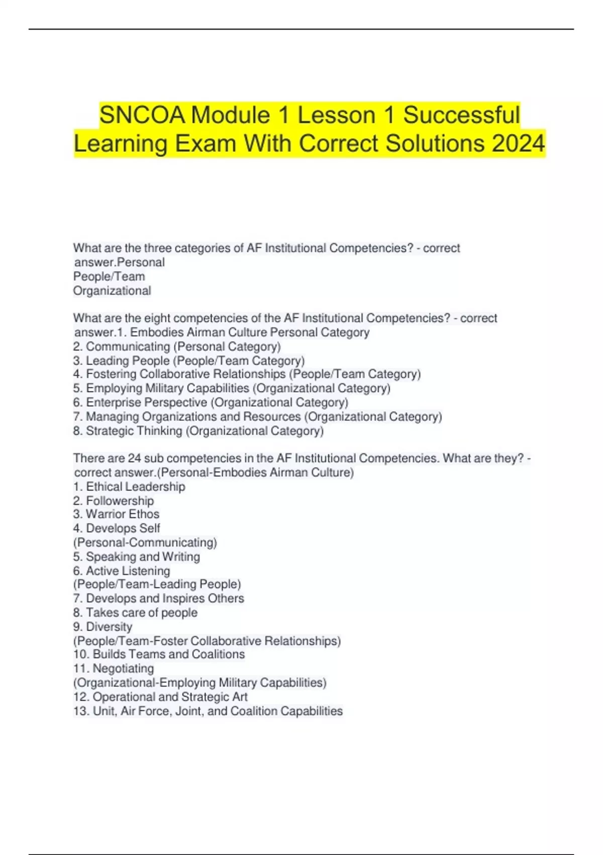 SNCOA Module 1 Lesson 1 Successful Learning Exam With Correct Solutions ...