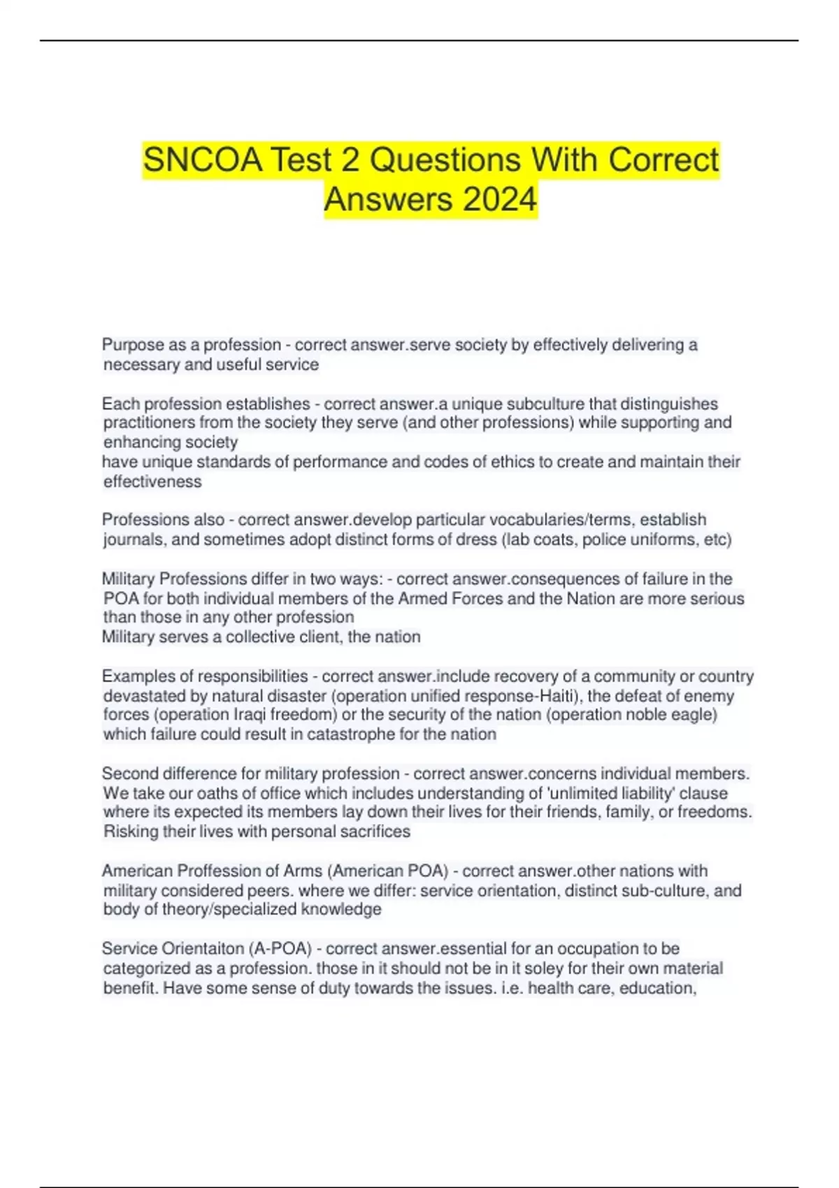 SNCOA Test 2 Questions With Correct Answers 2024 - SNCOA - Stuvia US