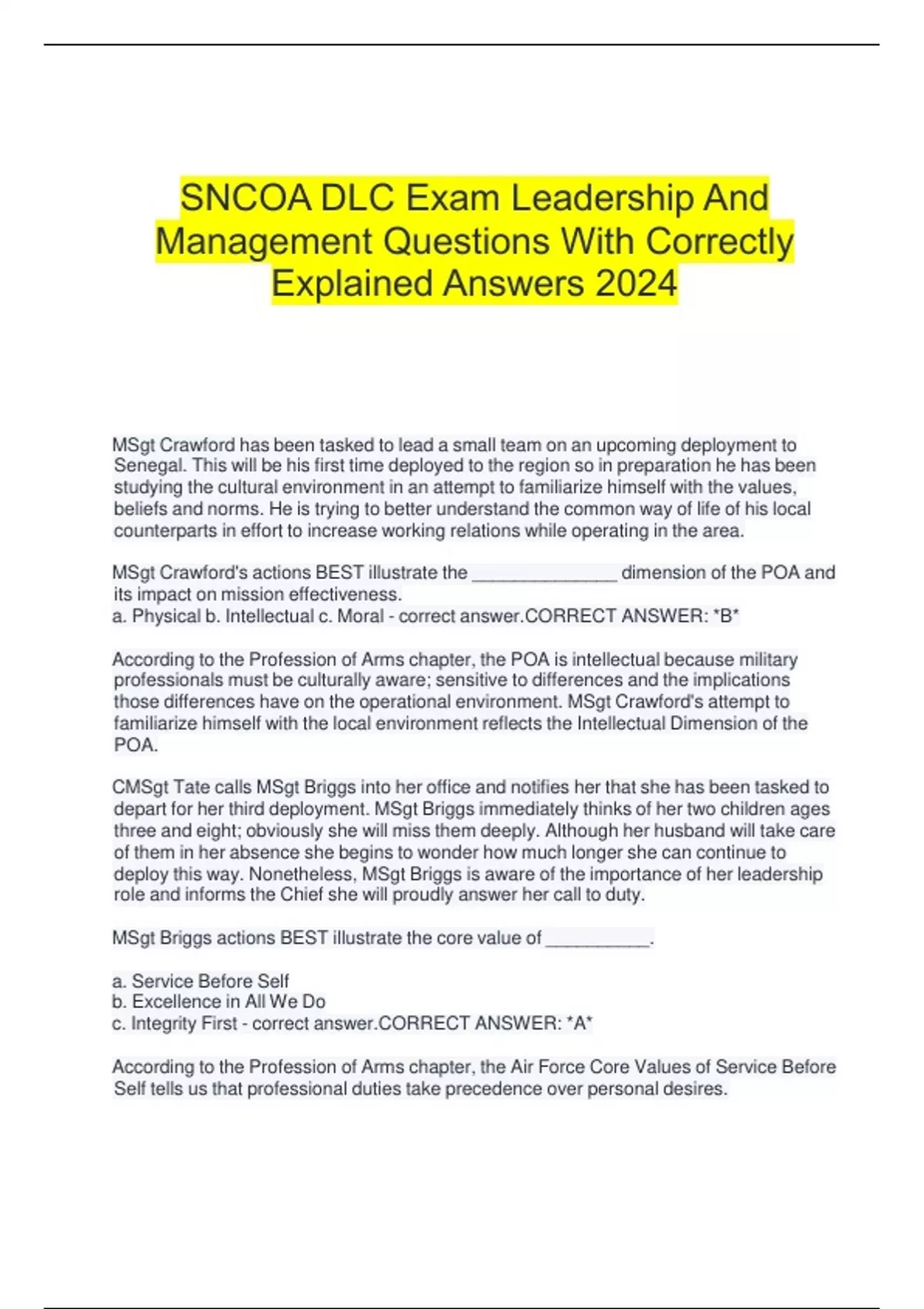 SNCOA DLC Exam Leadership And Management Questions With Correctly ...