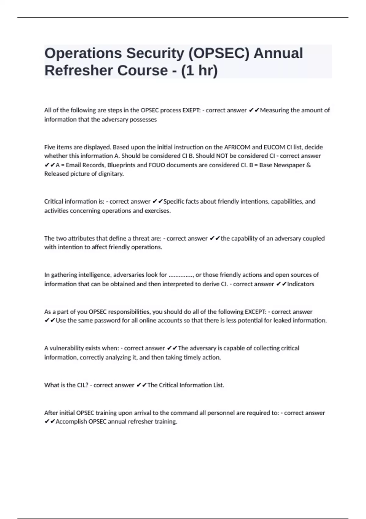 Operations Security (OPSEC) Annual Refresher Course - (1 hr) questions ...