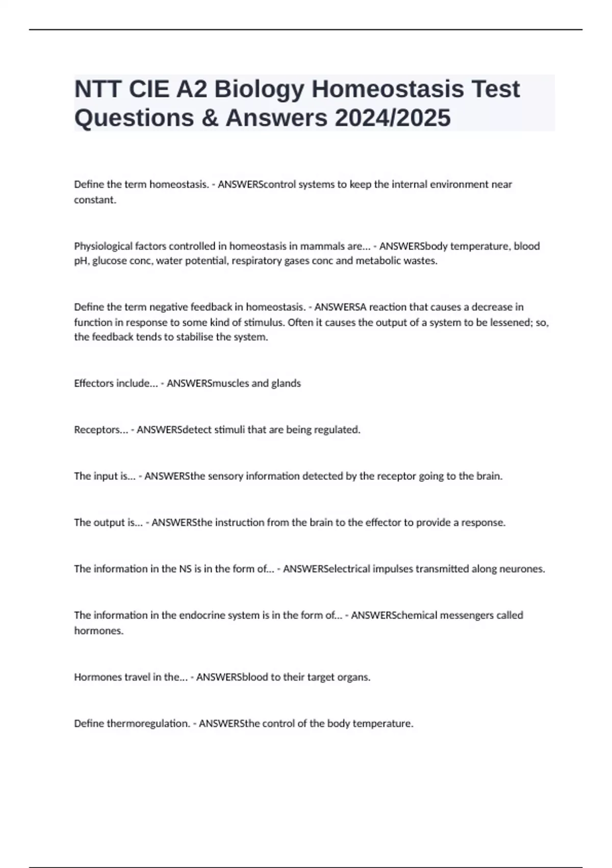 NTT CIE A2 Biology Homeostasis Test Questions & Answers 2024/2025 - NTT ...