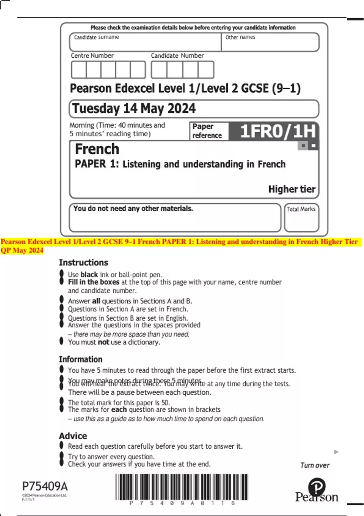 Pearson Edexcel Level 1/Level 2 GCSE 9–1 French PAPER 1: Listening and ...