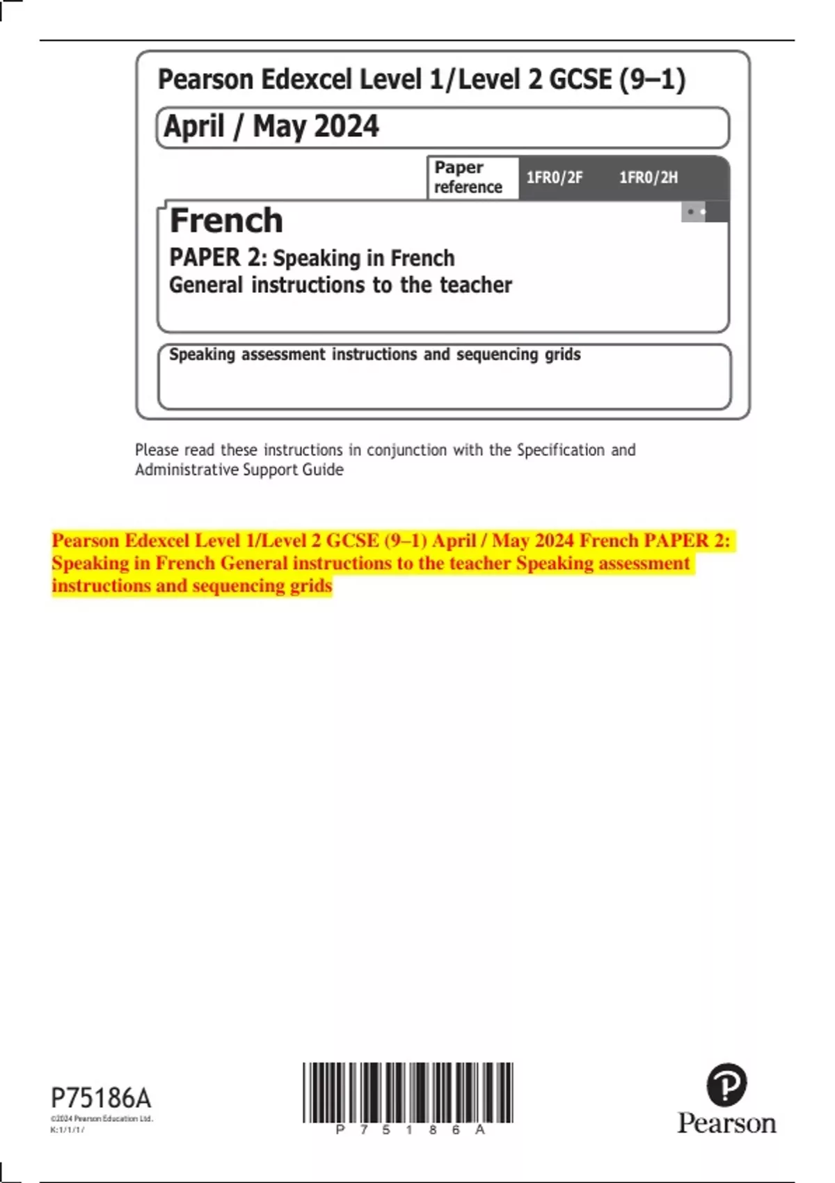 Pearson Edexcel Level 1/Level 2 GCSE (9–1) April / May 2024 French ...