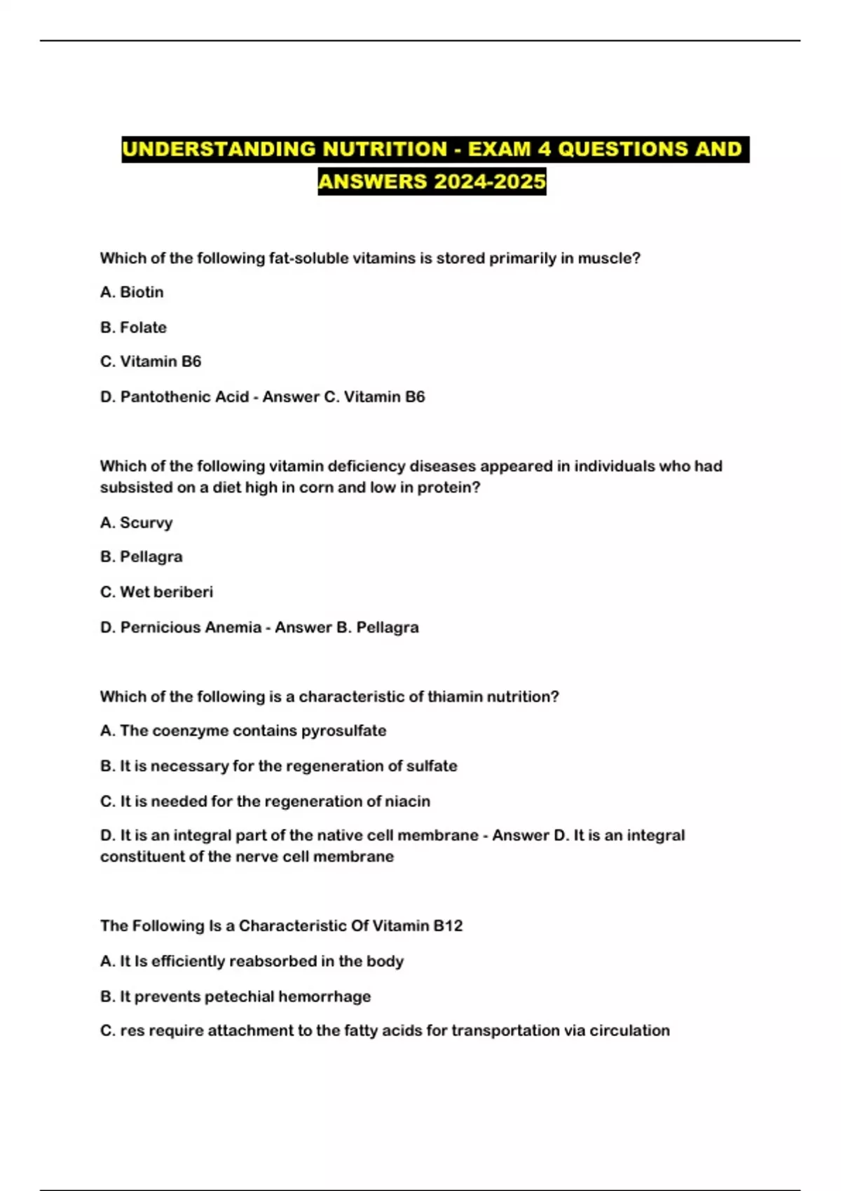 UNDERSTANDING NUTRITION - EXAM 4 QUESTIONS AND ANSWERS - UNDERSTANDING ...