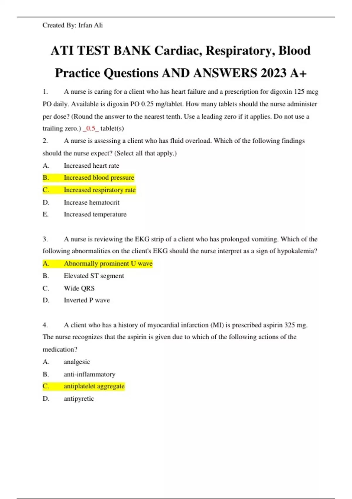 ATI TEST BANK Cardiac, Respiratory, Blood Practice Questions AND ...