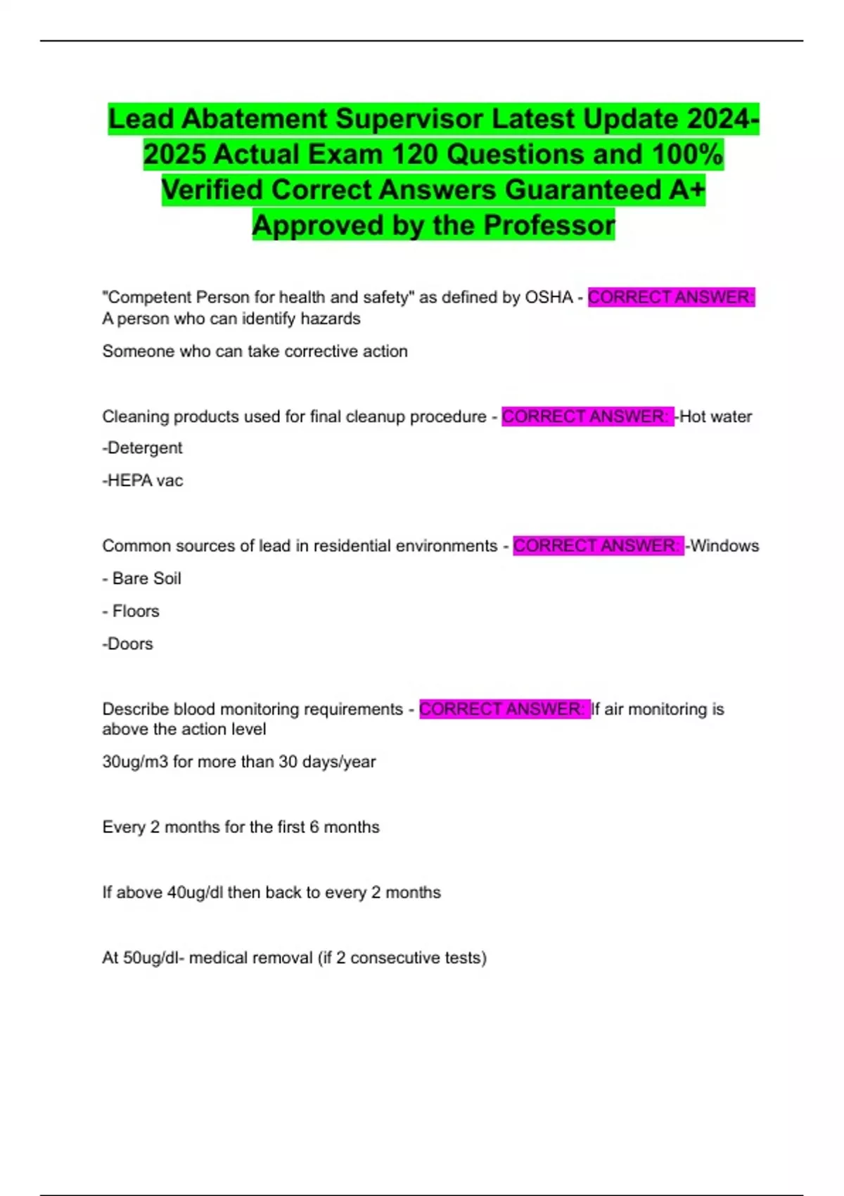 Lead Abatement Supervisor Latest Update Actual Exam 120 Questions and ...
