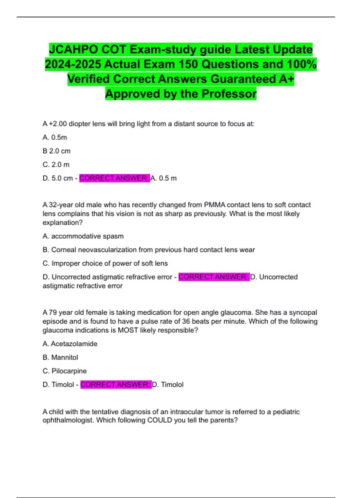 COA JCAHPO Test Latest Update Actual Exam 100+ Questions and 100% ...