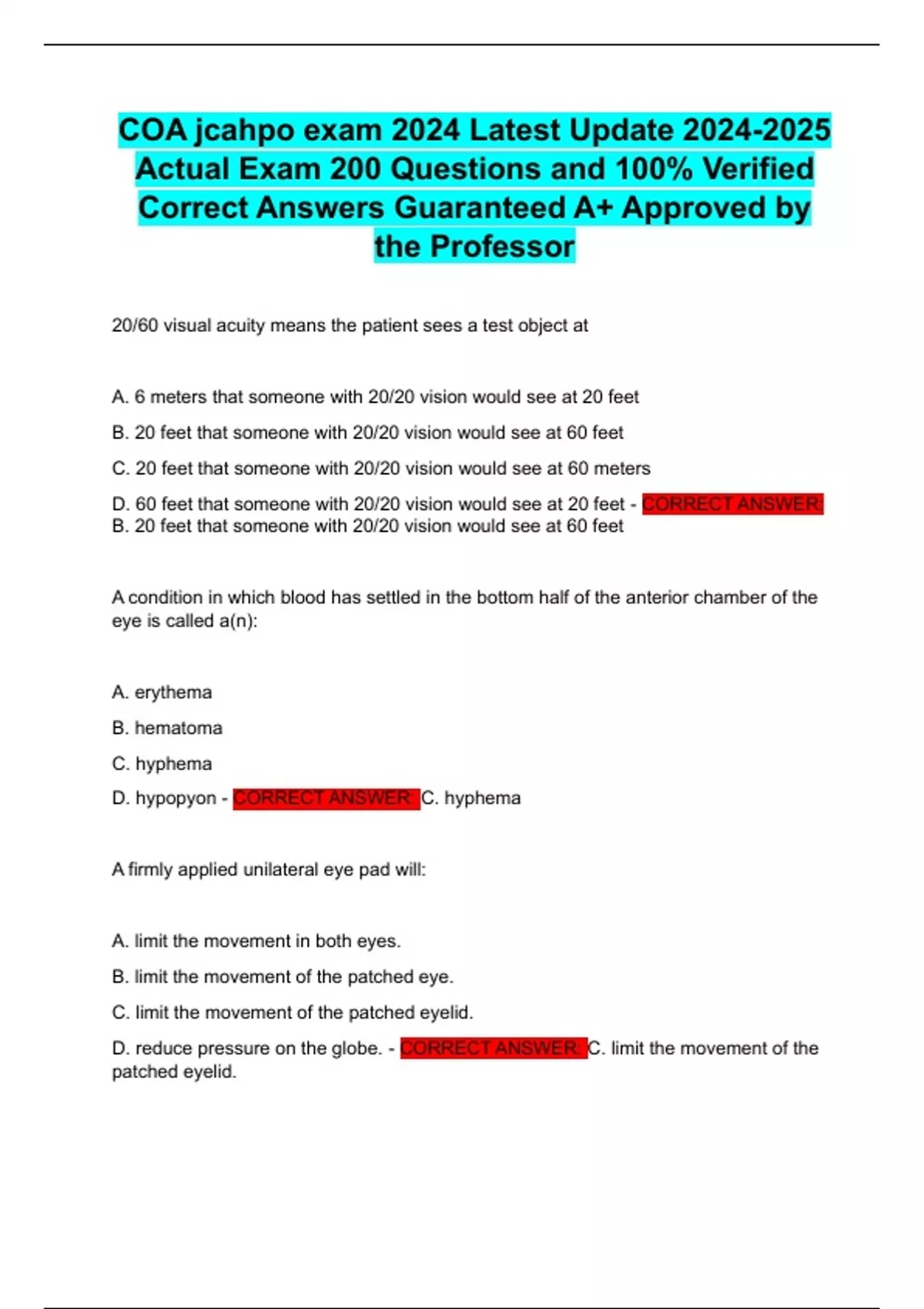 COA jcahpo exam 2024 Latest Update Actual Exam 200 Questions and 100% ...