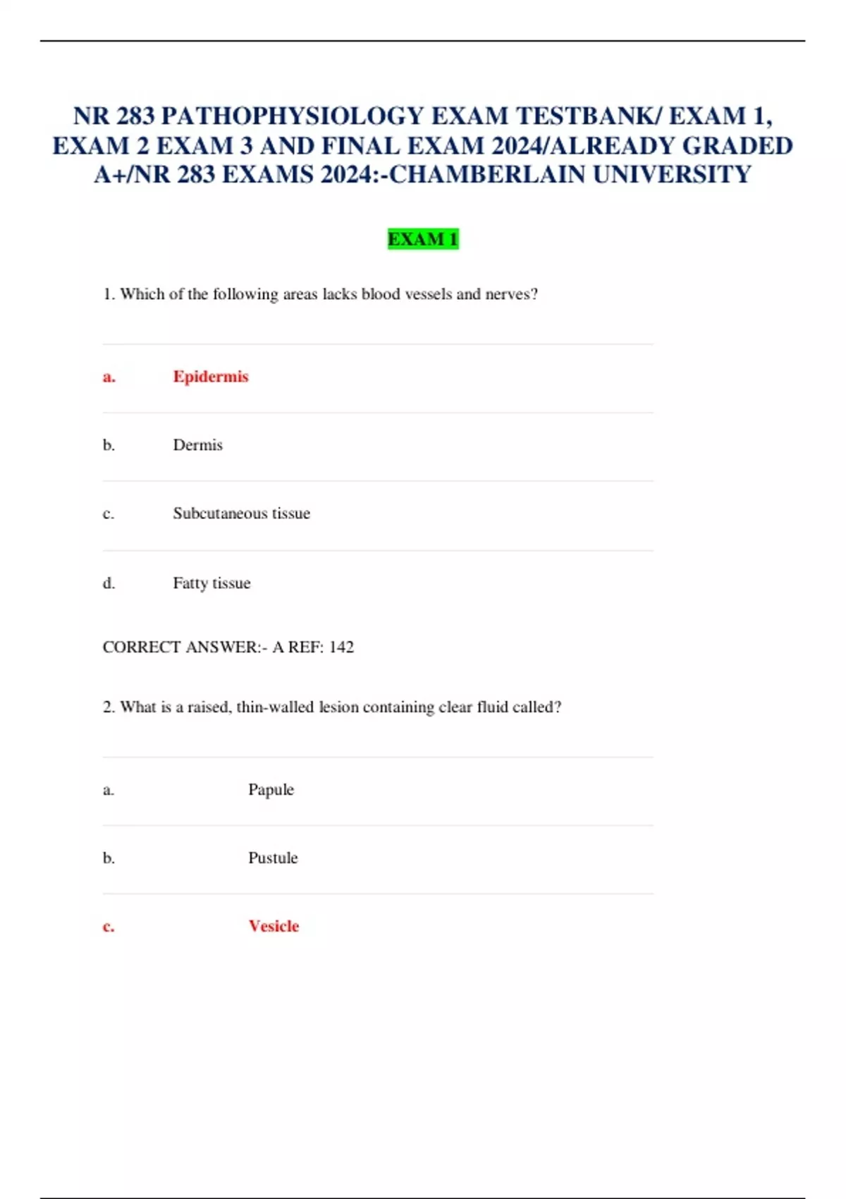 NR 283 PATHOPHYSIOLOGY EXAM TESTBANK/ EXAM 1, EXAM 2 EXAM 3 AND FINAL ...