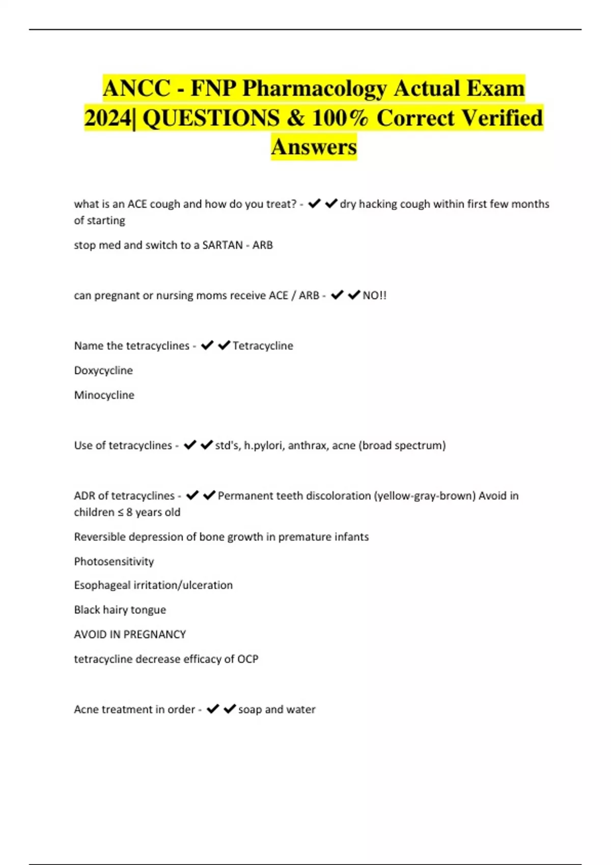 ANCC - FNP Pharmacology Actual Exam 2024| QUESTIONS & 100% Correct ...