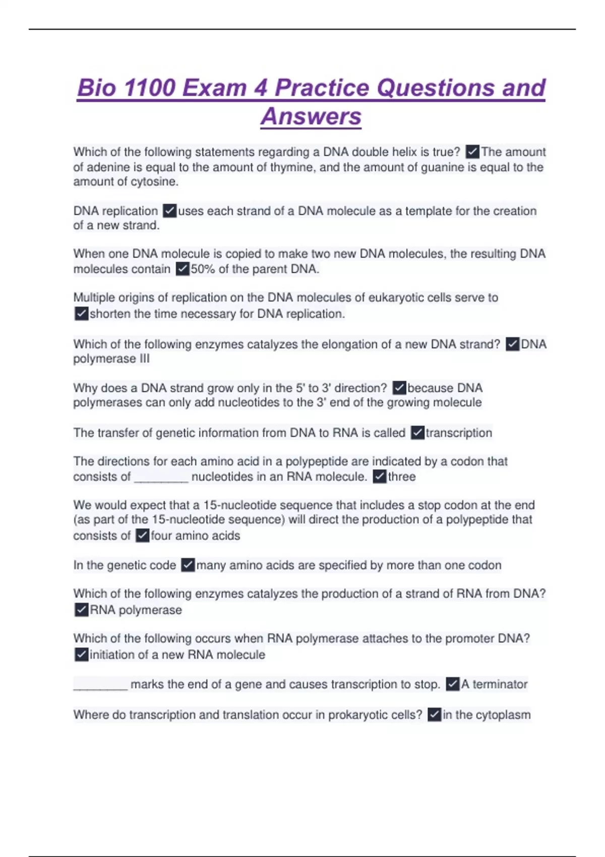 Bio 1100 Exam 4 Practice Questions and Answers - ECU BIO 1100 - Stuvia US