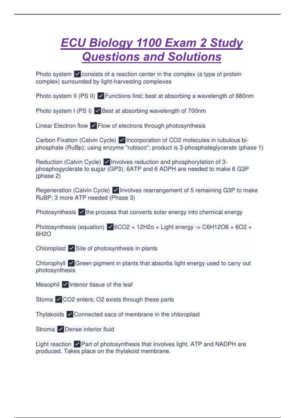 ECU Biology 1100 Exam 2 Study Questions and Solutions - ECU BIO 1100 ...