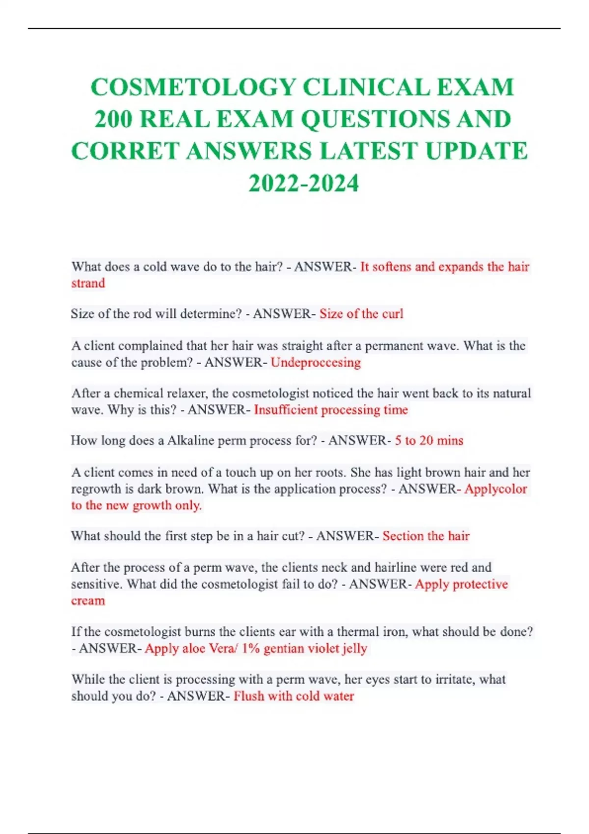 COSMETOLOGY CLINICAL EXAM 200 REAL EXAM QUESTIONS AND CORRET ANSWERS ...