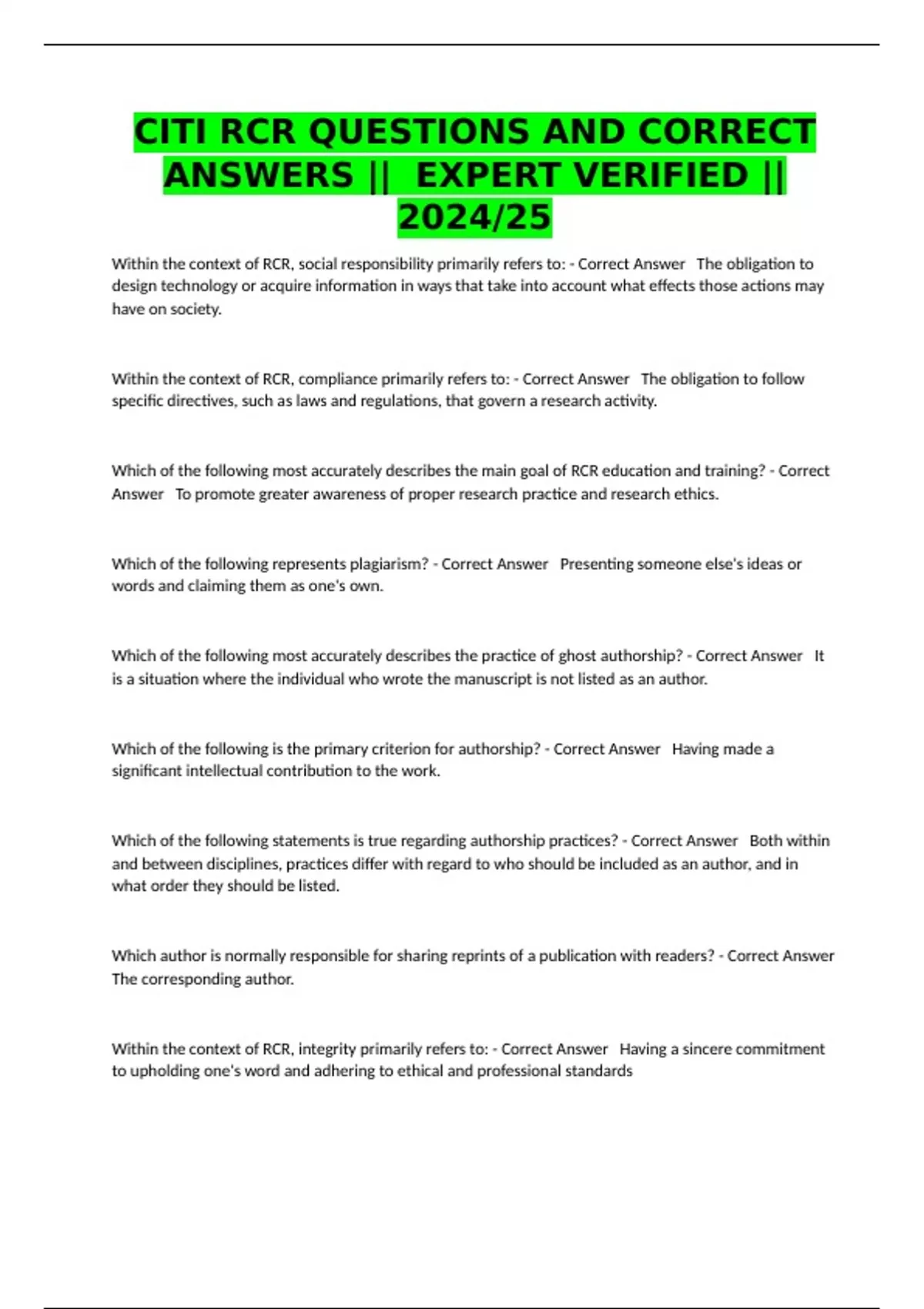 CITI RCR QUESTIONS AND CORRECT ANSWERS || EXPERT VERIFIED ||2024/25 ...