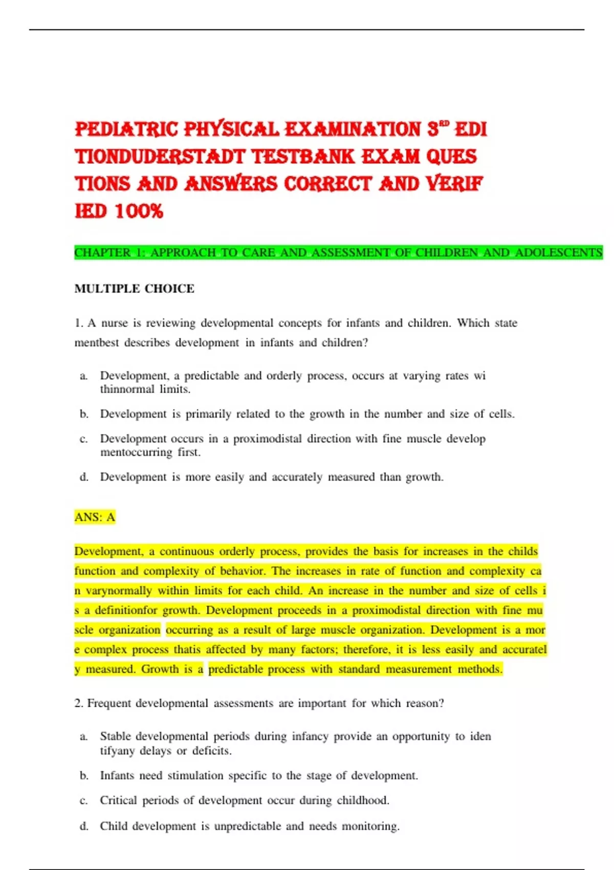 PEDIATRIC PHYSICAL EXAMINATION 3RD EDITION DUDERSTADT TESTBANK exam ...