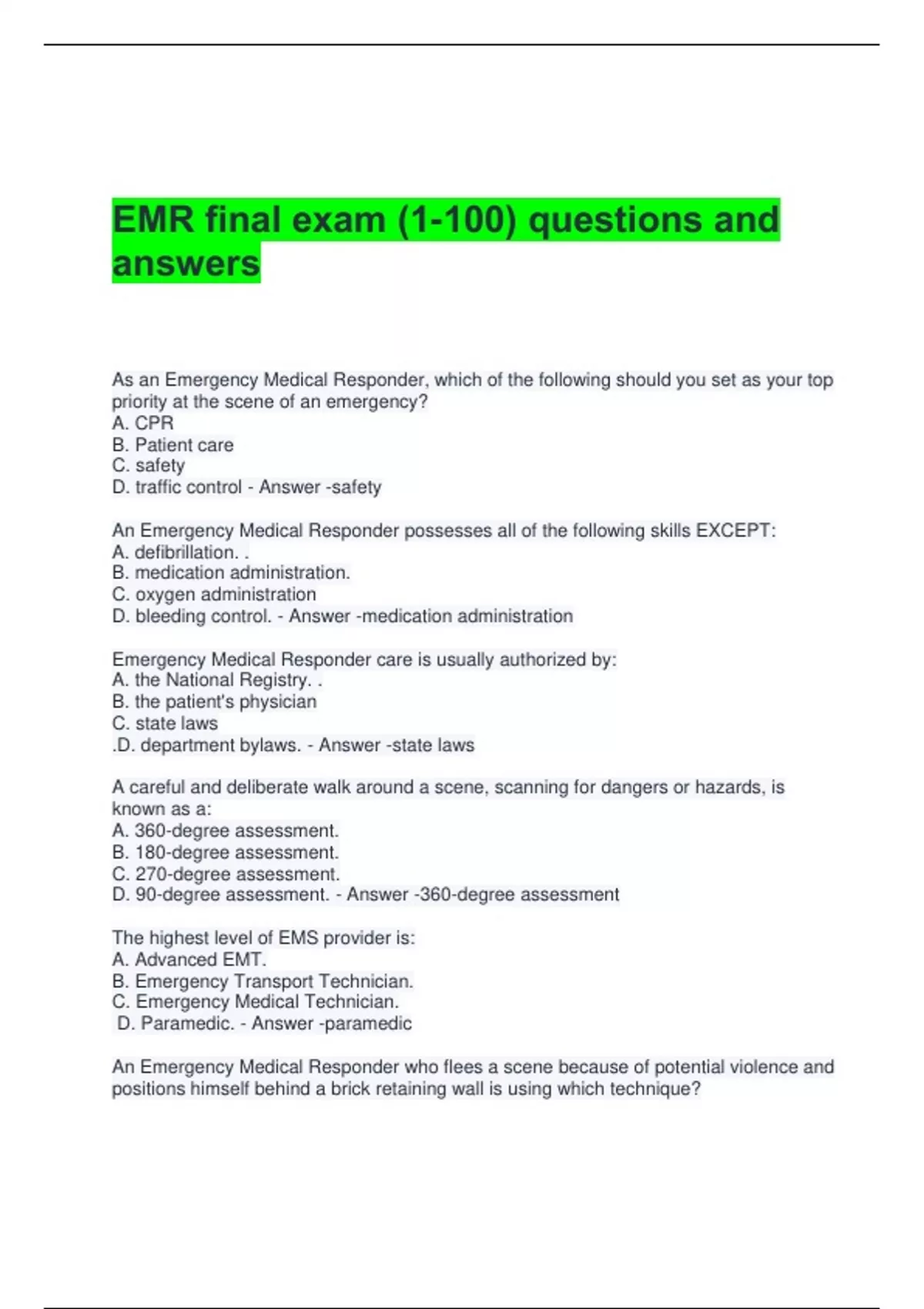 EMR final exam (1-100) questions and answers - Emergency Medical ...
