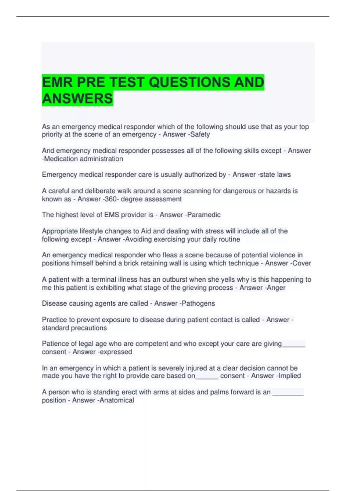 EMR PRE TEST QUESTIONS AND ANSWERS - Emergency Medical Responder ...