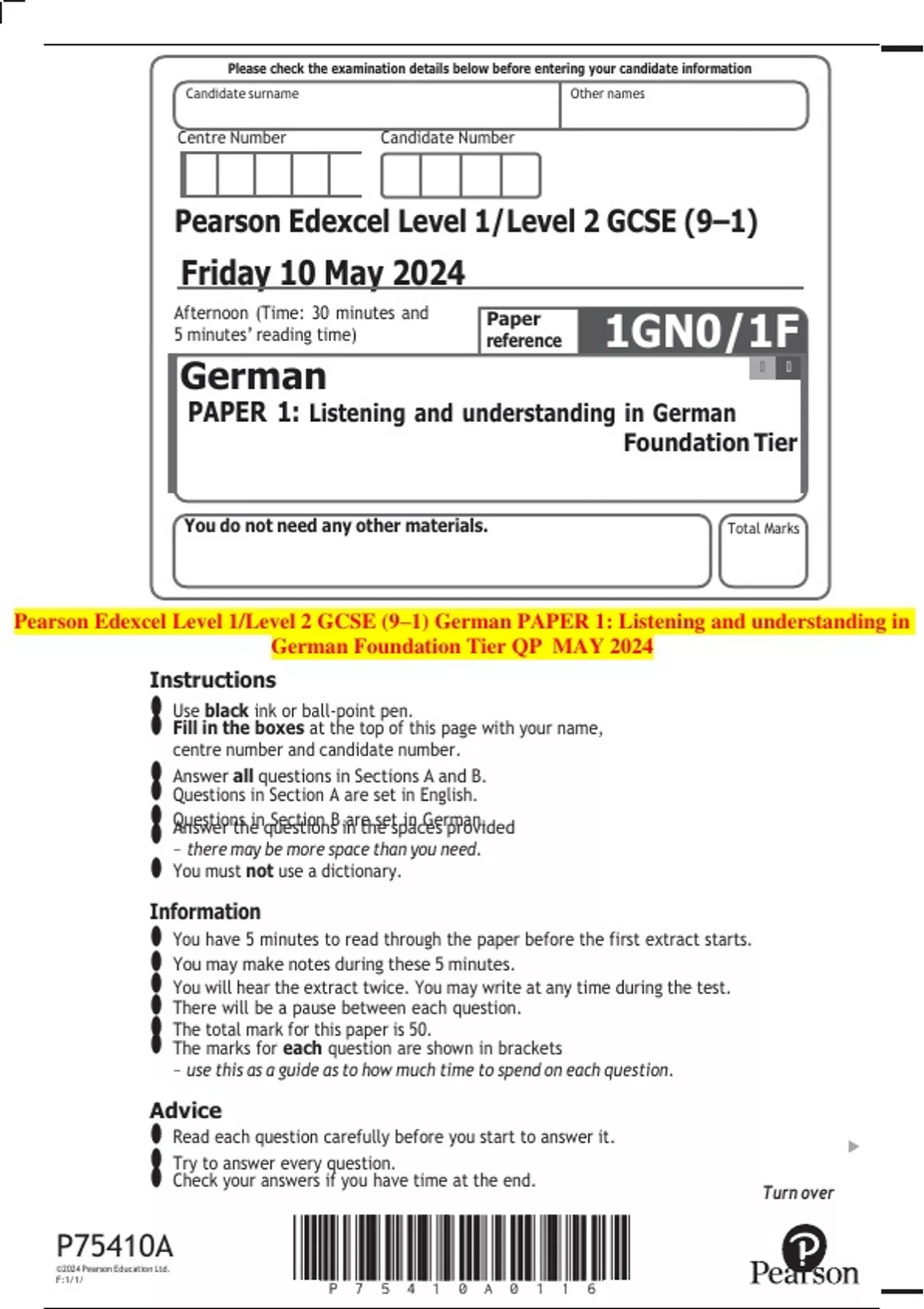 Pearson Edexcel Level 1/Level 2 GCSE (9–1) German PAPER 1: Listening ...