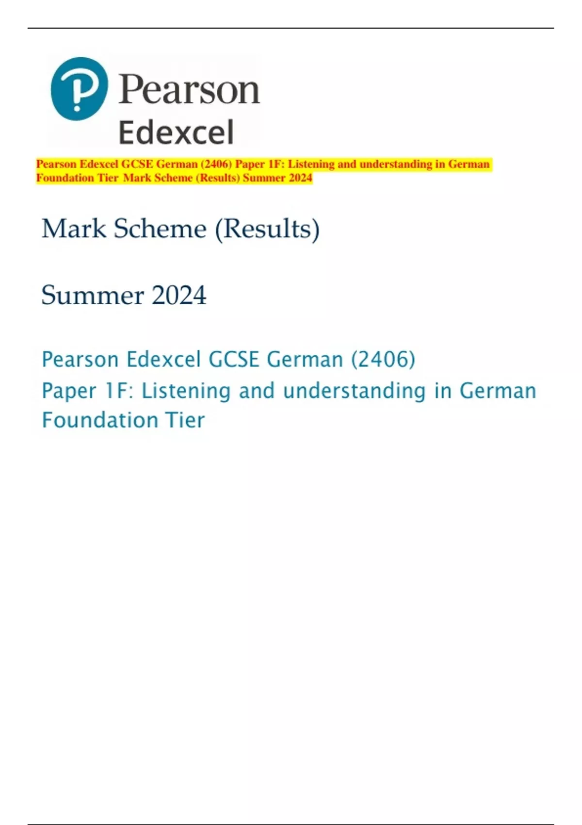 Pearson Edexcel GCSE German (2406) Paper 1F: Listening and ...