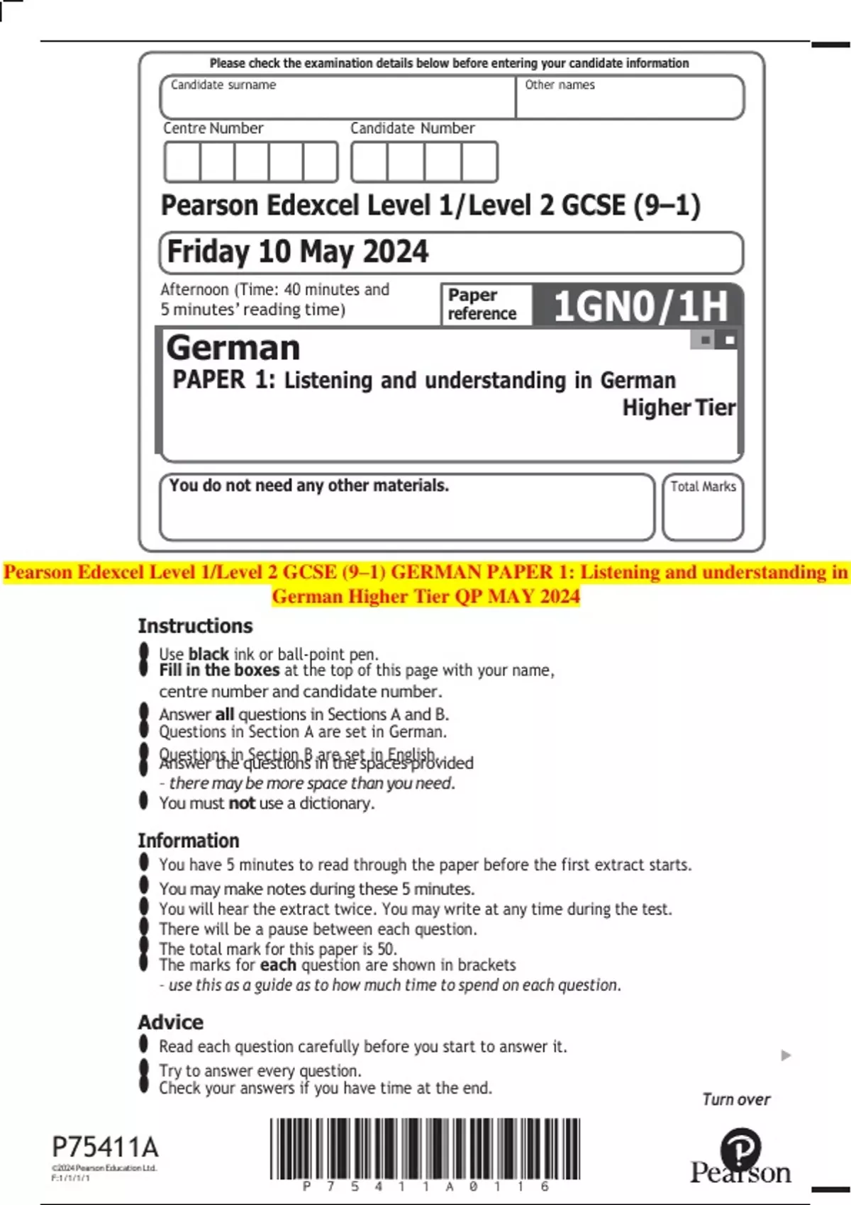 Pearson Edexcel Level 1/Level 2 GCSE (9–1) GERMAN PAPER 1: Listening ...