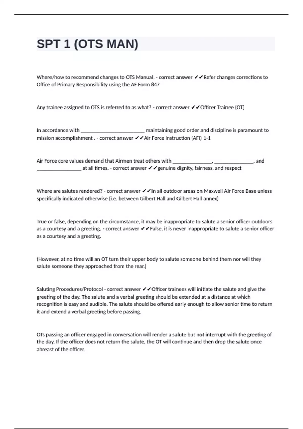 SPT 1 (OTS MAN) questions with complete solutions - Otsman - Stuvia US