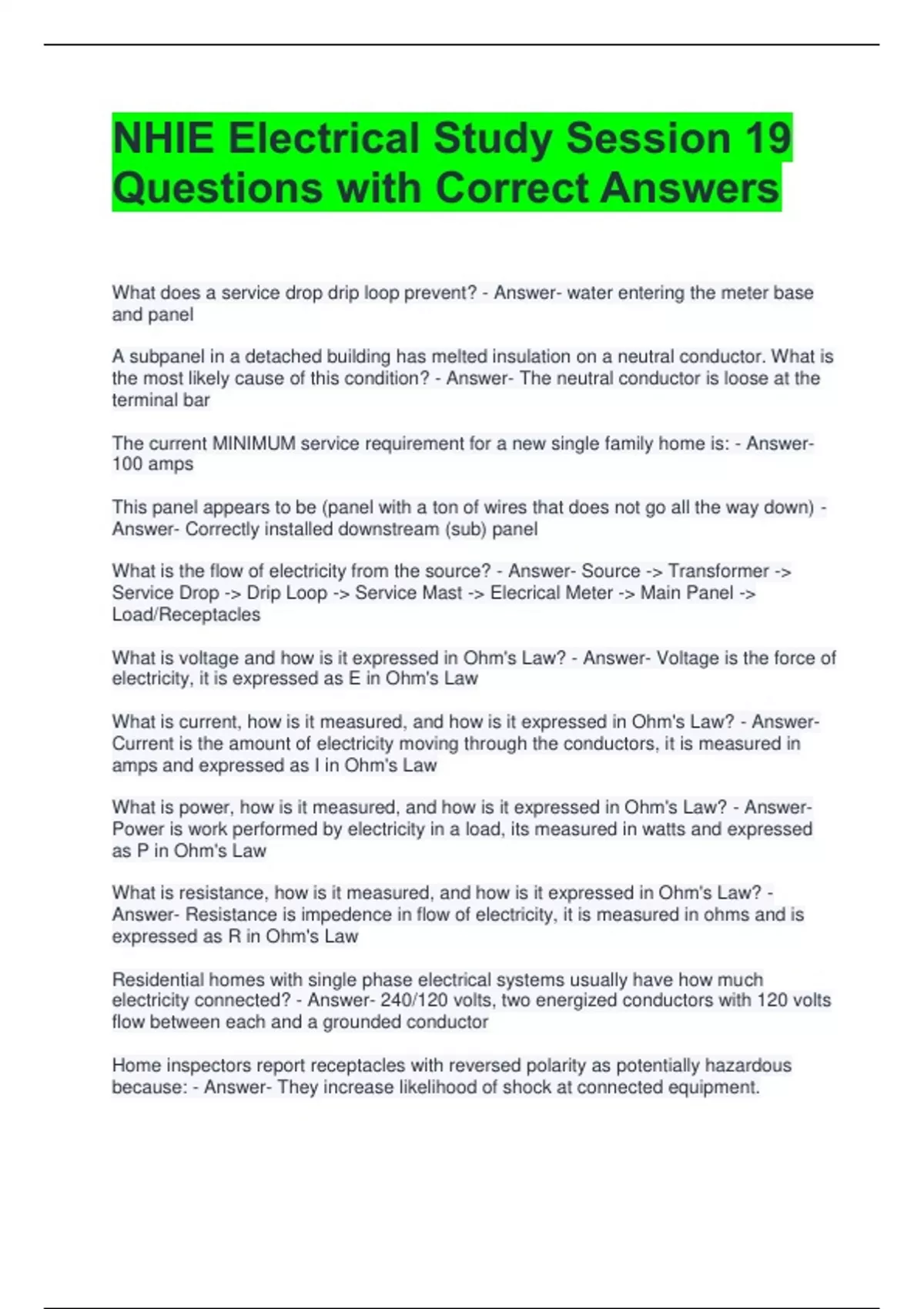 NHIE Electrical Study Session 19 Questions with Correct Answers - NHIE Electrical - Stuvia US