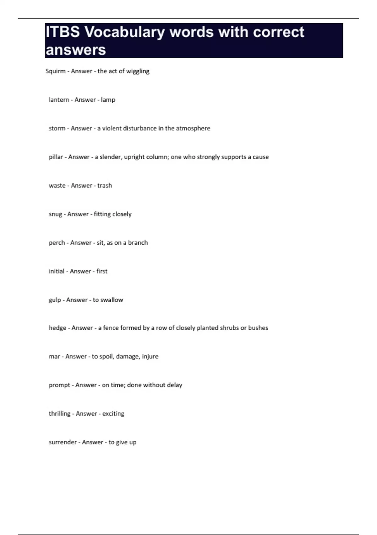 ITBS Vocabulary words with correct answers - ITBS - Stuvia US