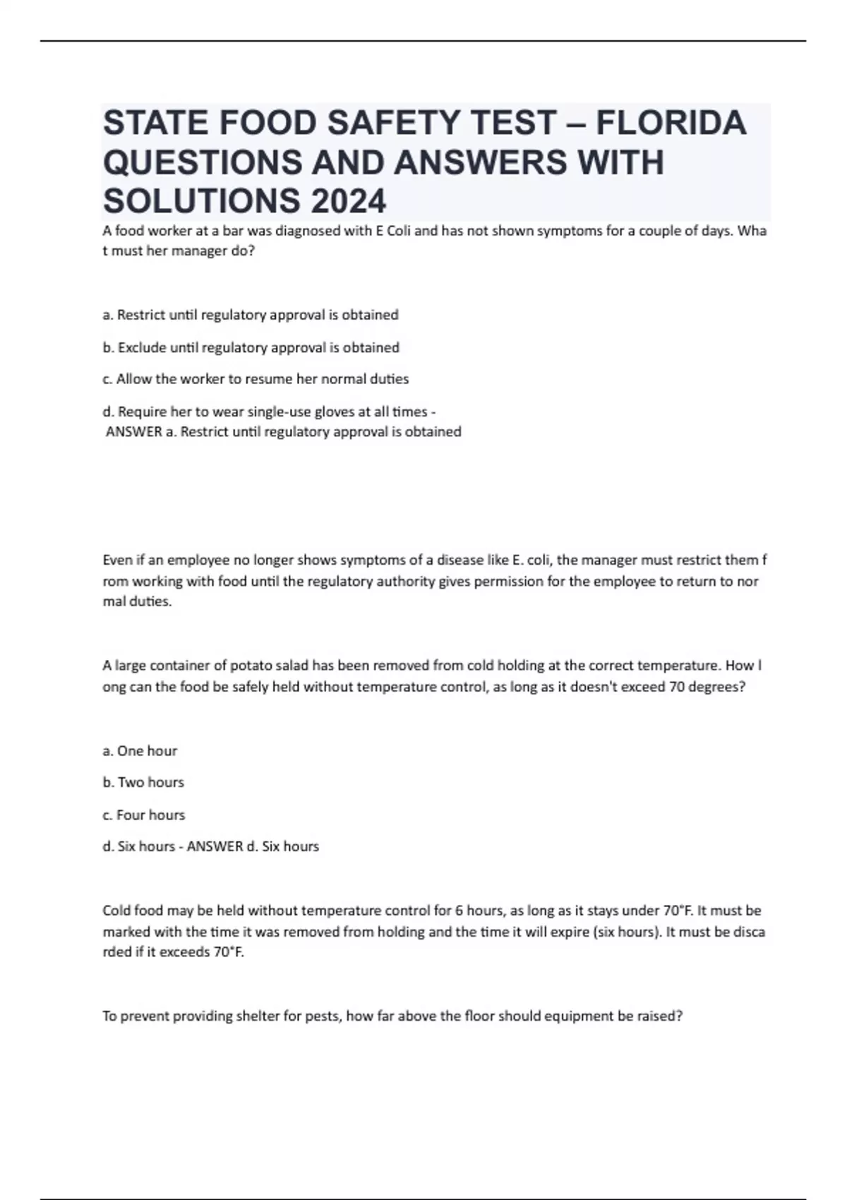STATE FOOD SAFETY TEST – FLORIDA QUESTIONS AND ANSWERS WITH SOLUTIONS ...