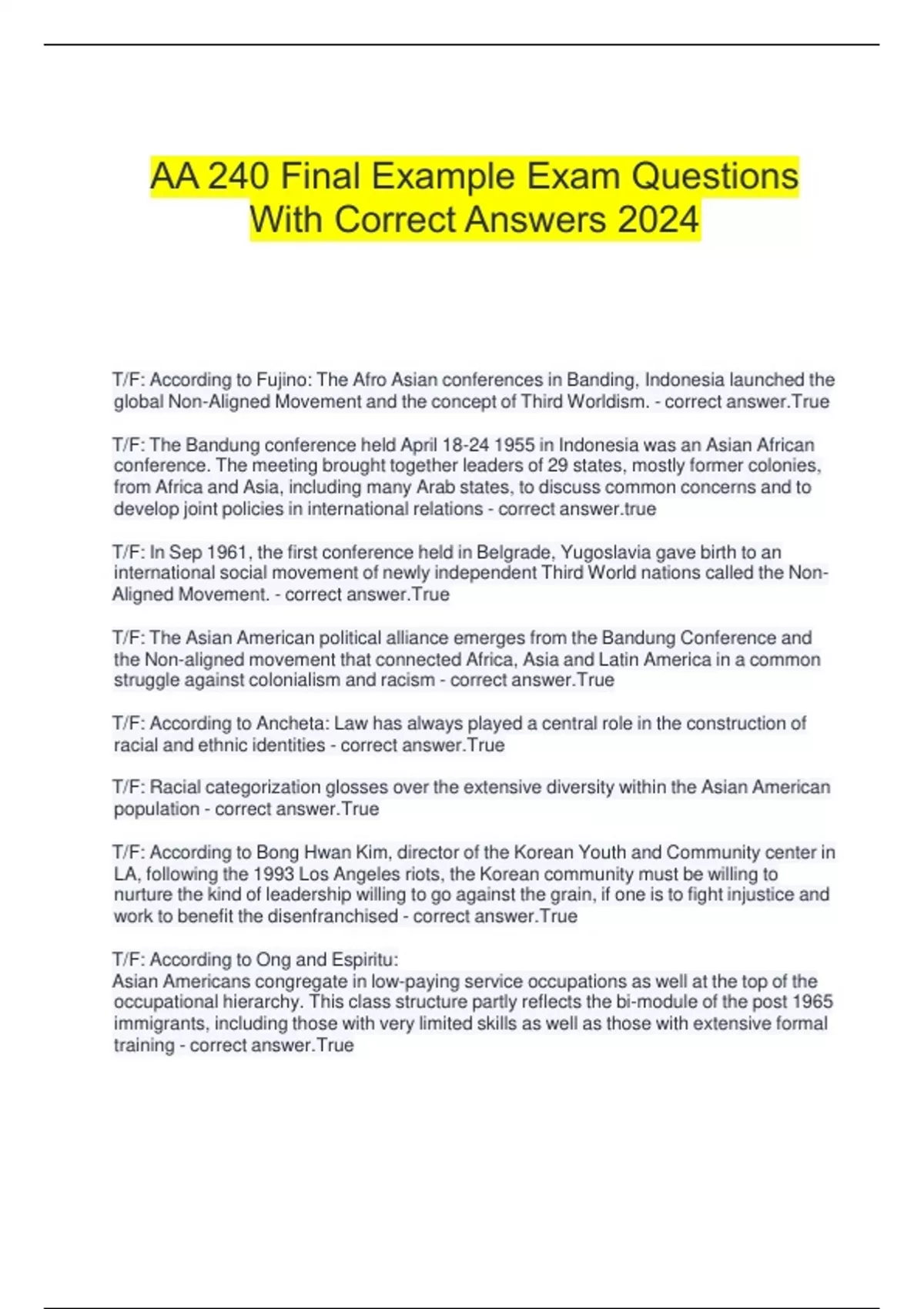 AA 240 Final Example Exam Questions With Correct Answers 2024 - AA 240 ...