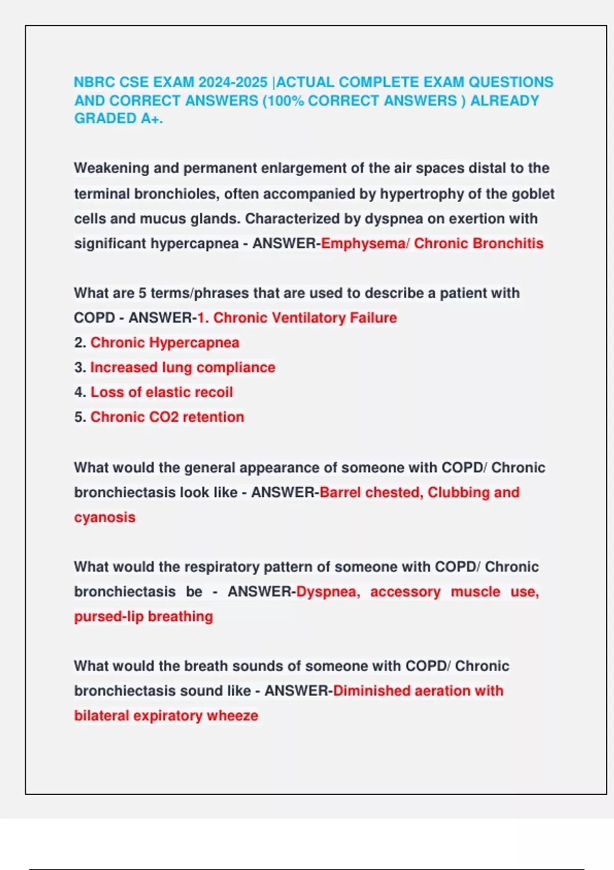 NBRC CSE EXAM |ACTUAL COMPLETE EXAM QUESTIONS AND CORRECT ANSWERS (100% CORRECT ANSWERS ...