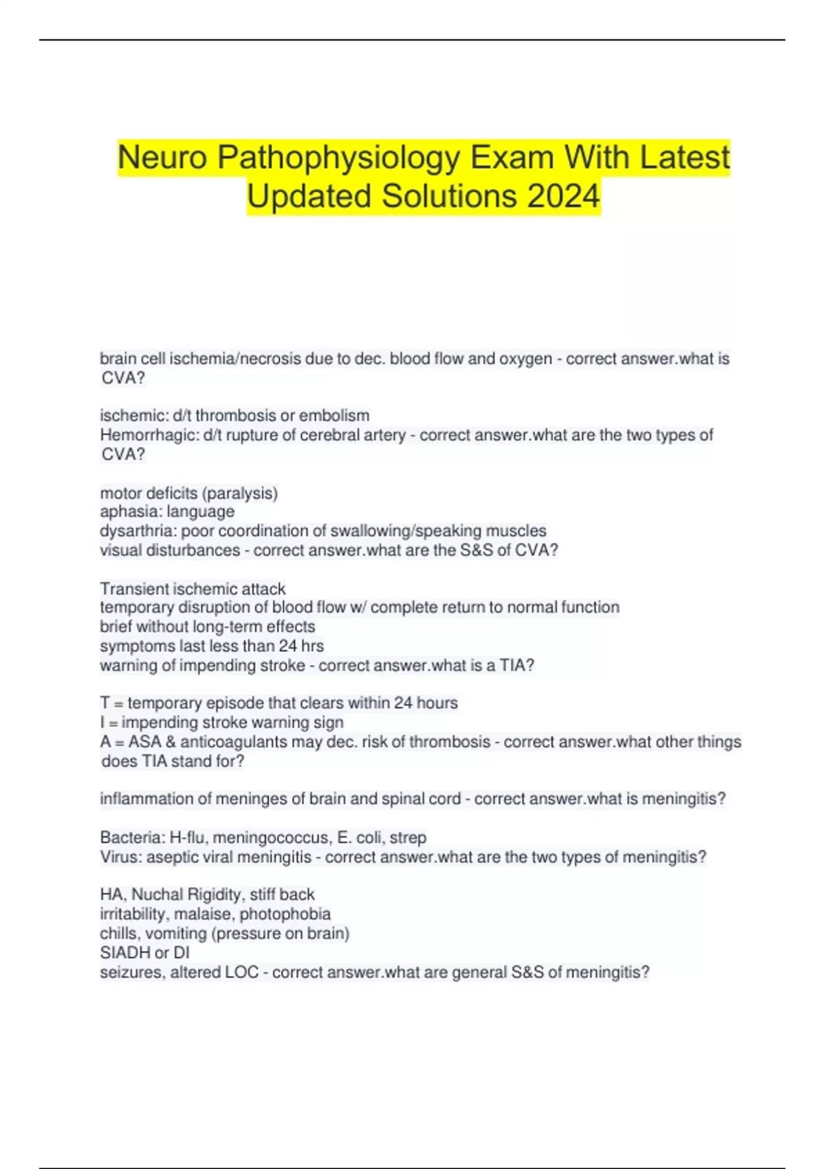 Neuro Pathophysiology Exam With Latest Updated Solutions 2024 - Neuro ...