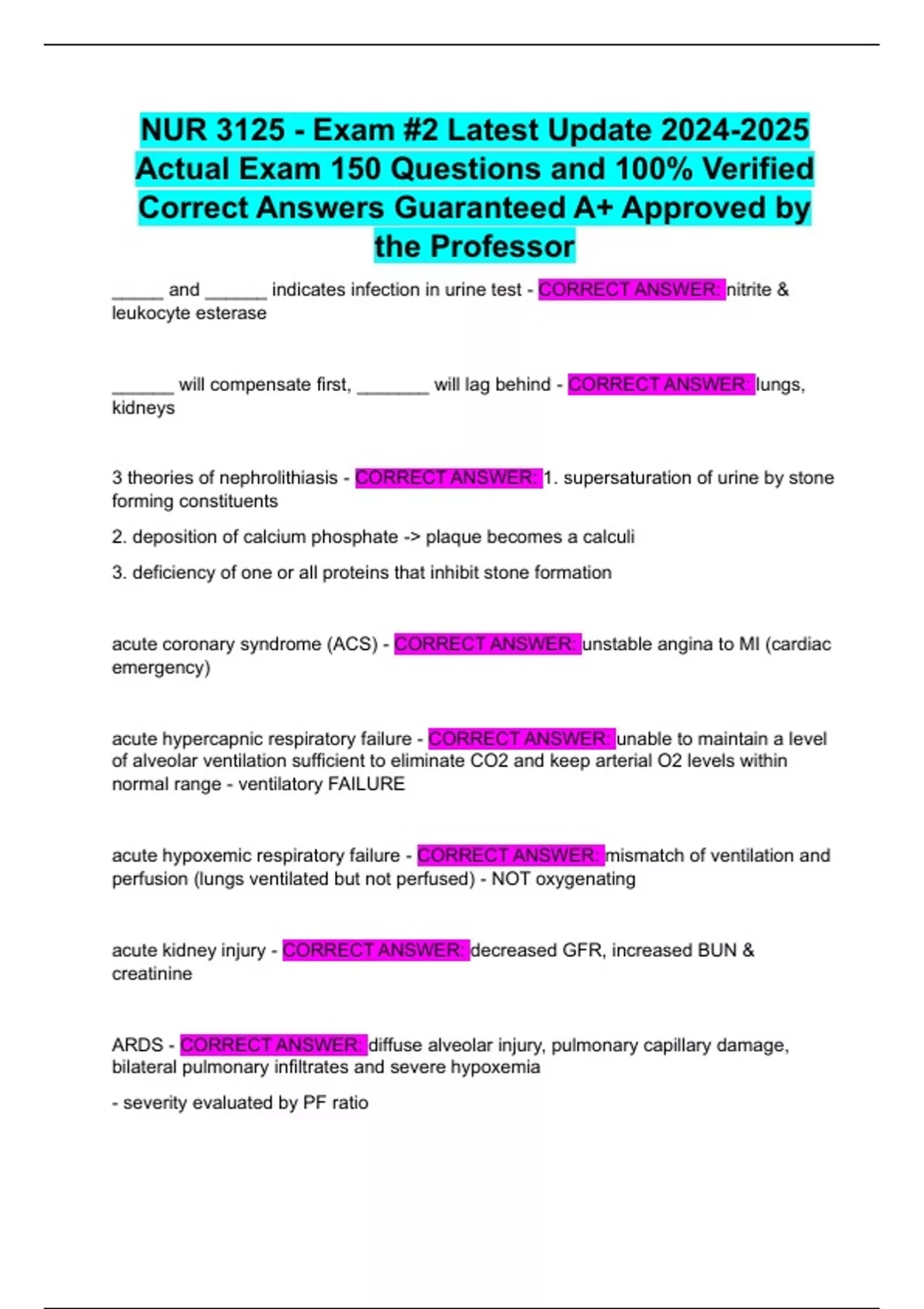 Pathophysiology in Nursing (NUR 3125) Patho exam 1 & 2 exams Latest ...