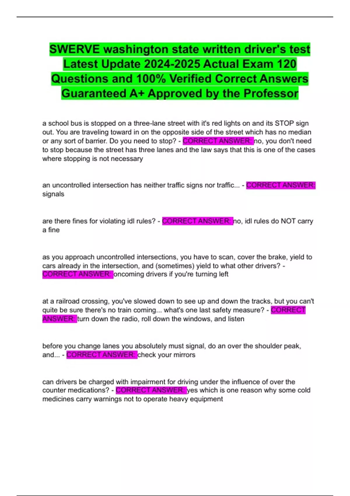 SWERVE washington state written driver's test Latest Update Actual Exam ...