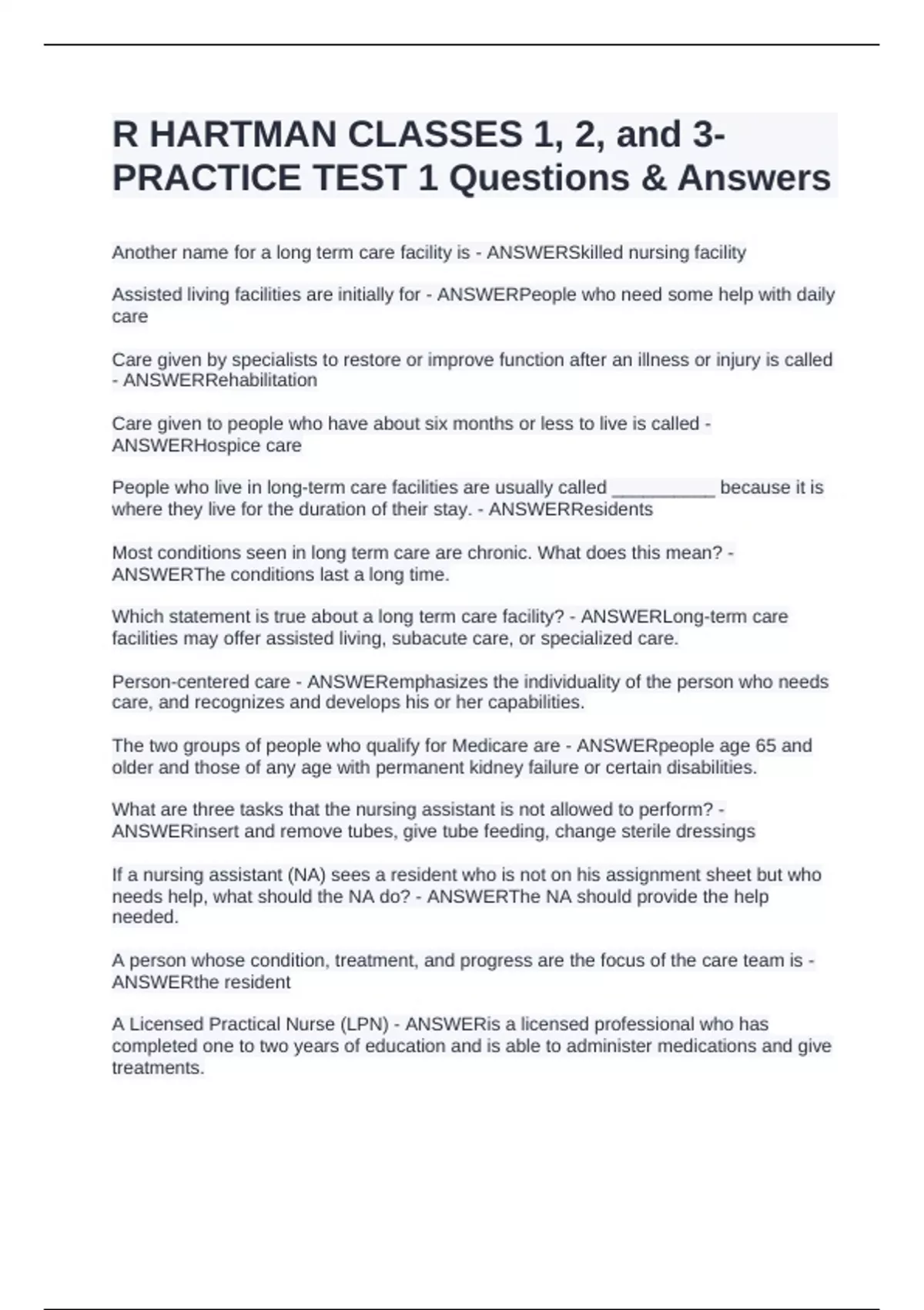 R HARTMAN CLASSES 1, 2, and 3-PRACTICE TEST 1 Questions & Answers - R ...