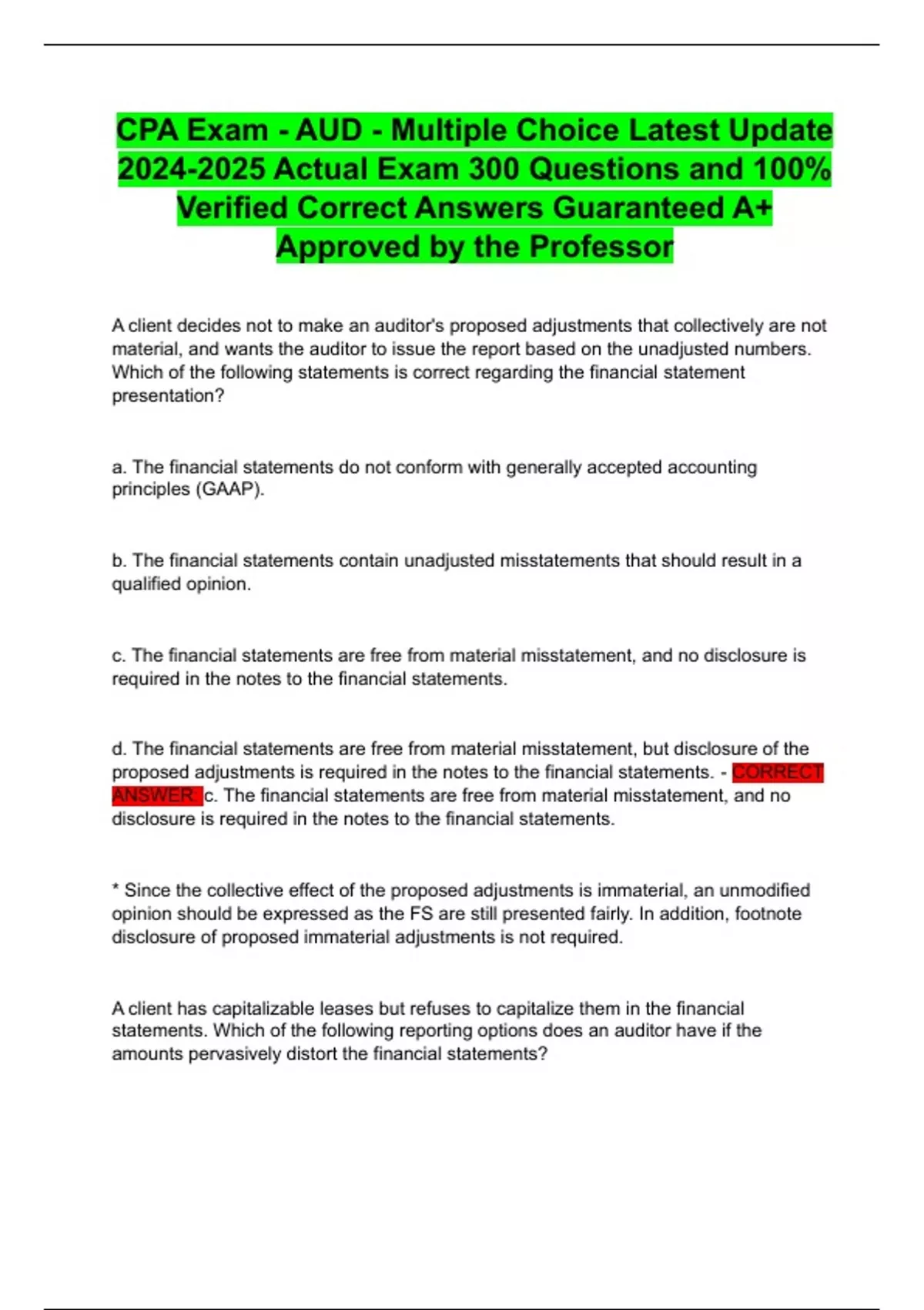 CPA Exam - AUD - Multiple Choice Latest Update Actual Exam 300 ...